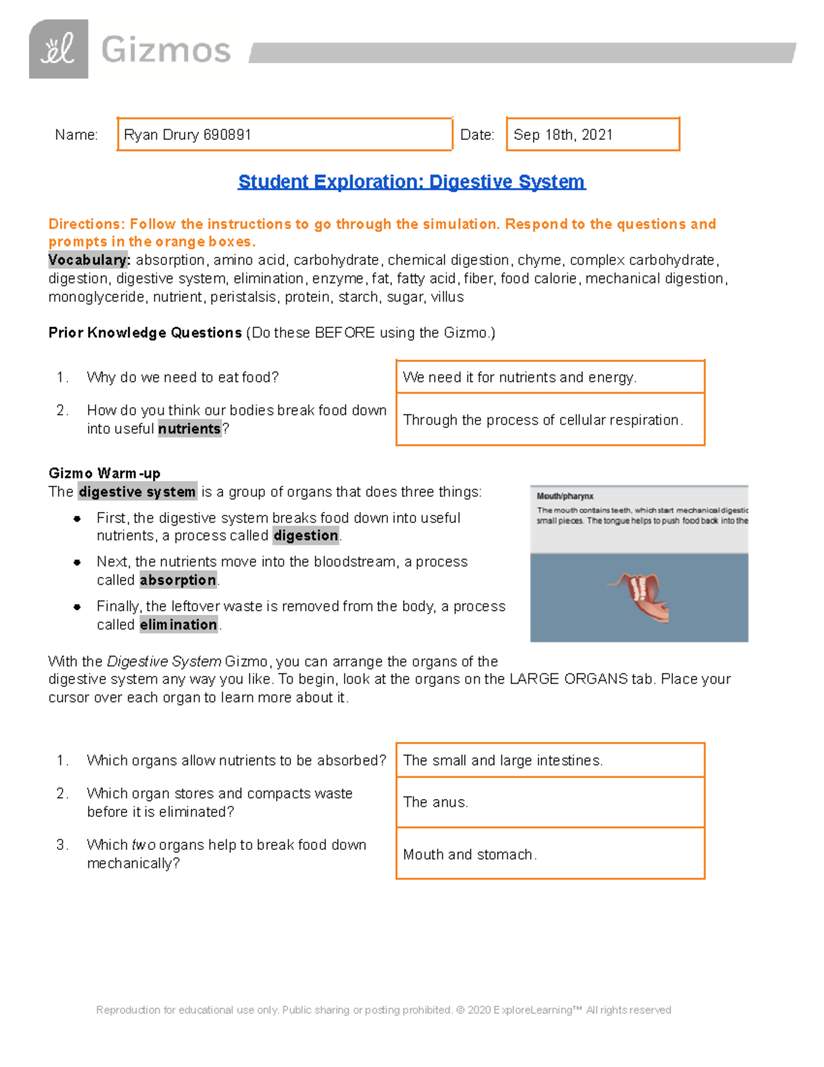 Digestive system gizmo - Name: Ryan Drury 690891 Date: Sep 18th, 2021 ...