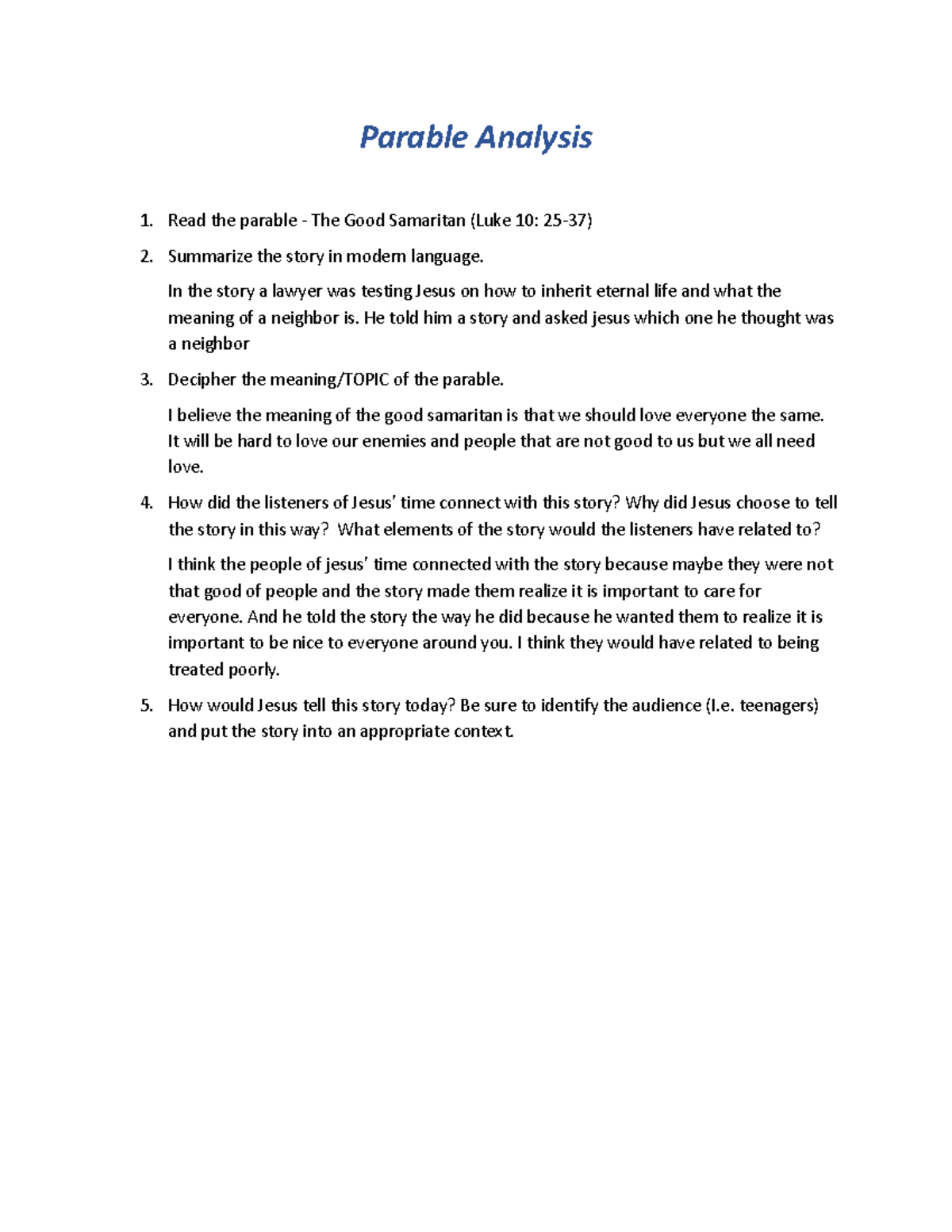 Parable Analysis - Parable Analysis Read the parable - The Good ...