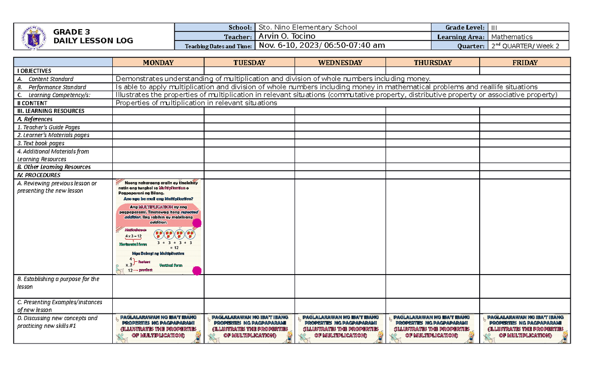 DLL Math 3 Q1 W1 - Daily Lesson Log - GRADE 3 DAILY LESSON LOG School ...