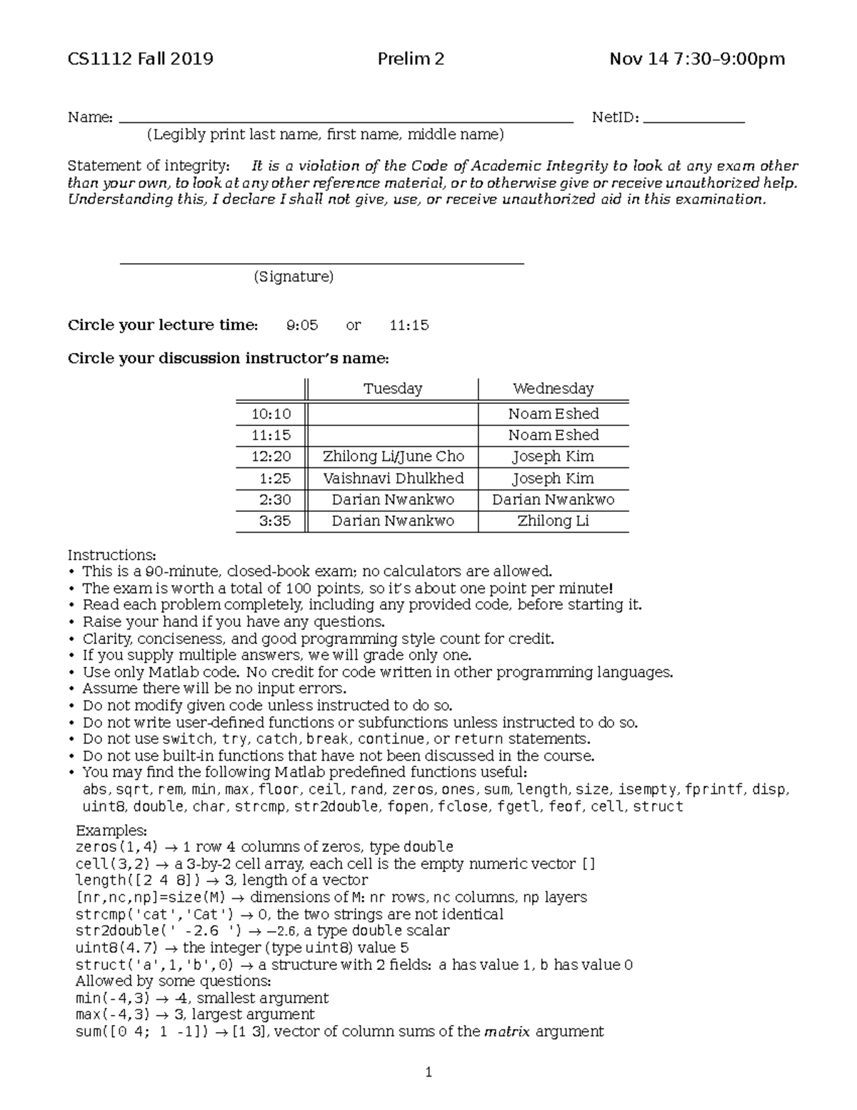Fall2019 Prelim 2as Cs1112 Fall 2019 Prelim 2 Nov 14 7 30 9 00pm Name Netid Legibly Print