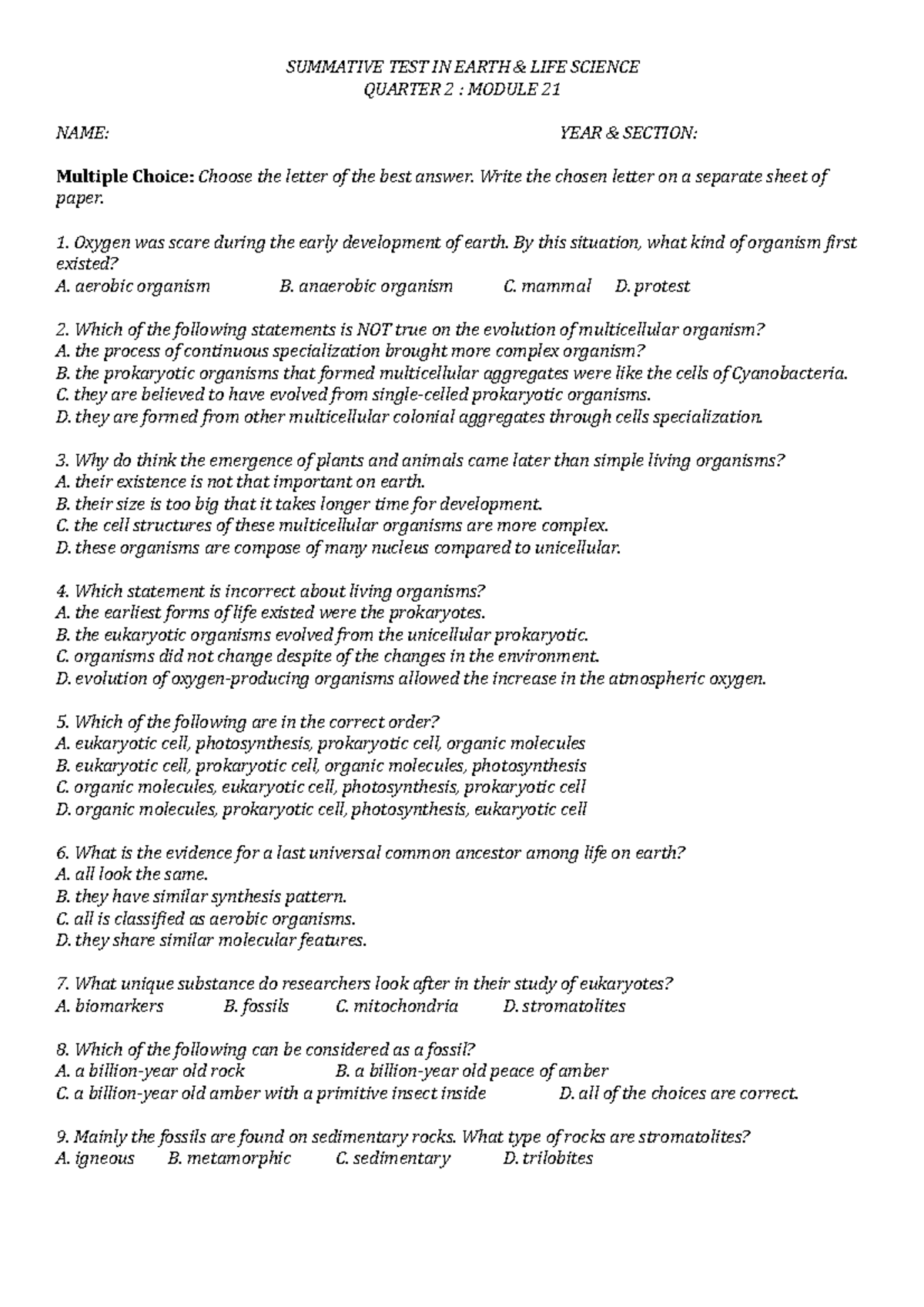 Assesment - Spear and assessment - SUMMATIVE TEST IN EARTH & LIFE ...