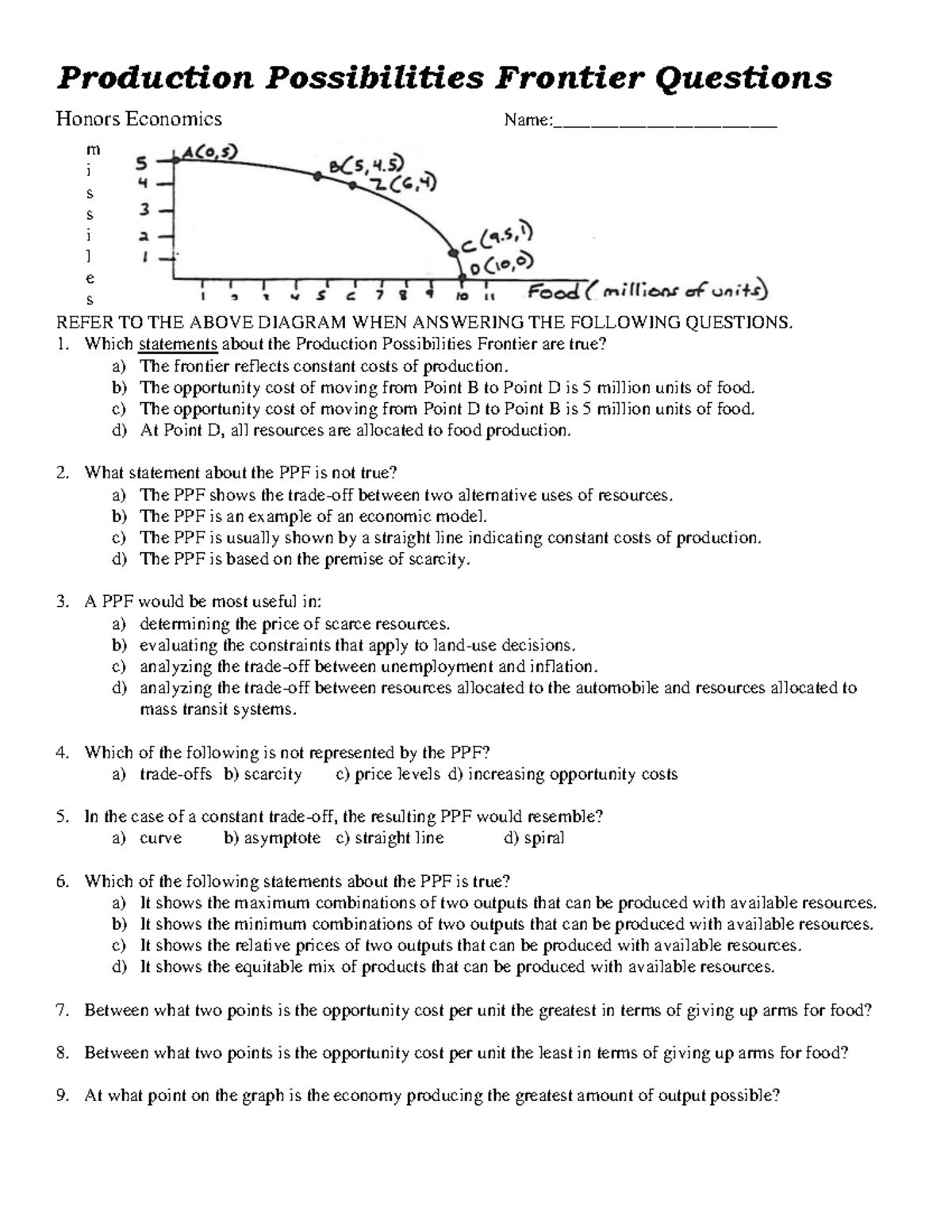 PPF Questions 5 - opportunity cost curve - Production Possibilities ...