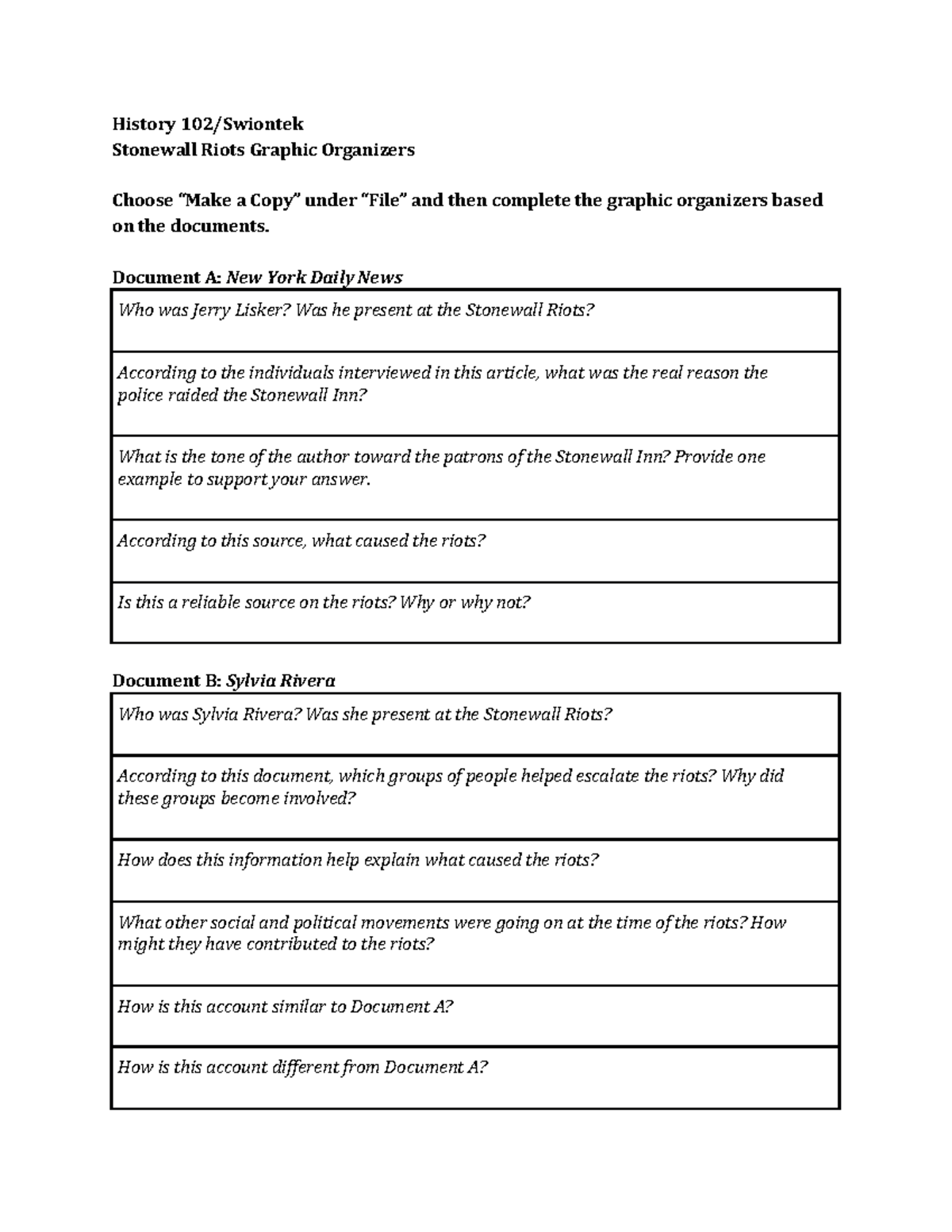 Stonewall Riots Graphic Organizers - History 102/SwiontekStonewall ...