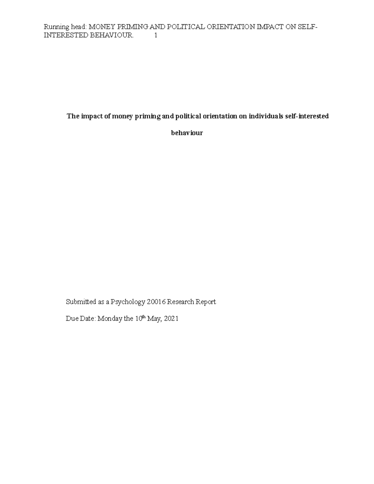 Assignement Two of money priming - Running head: MONEY PRIMING AND ...