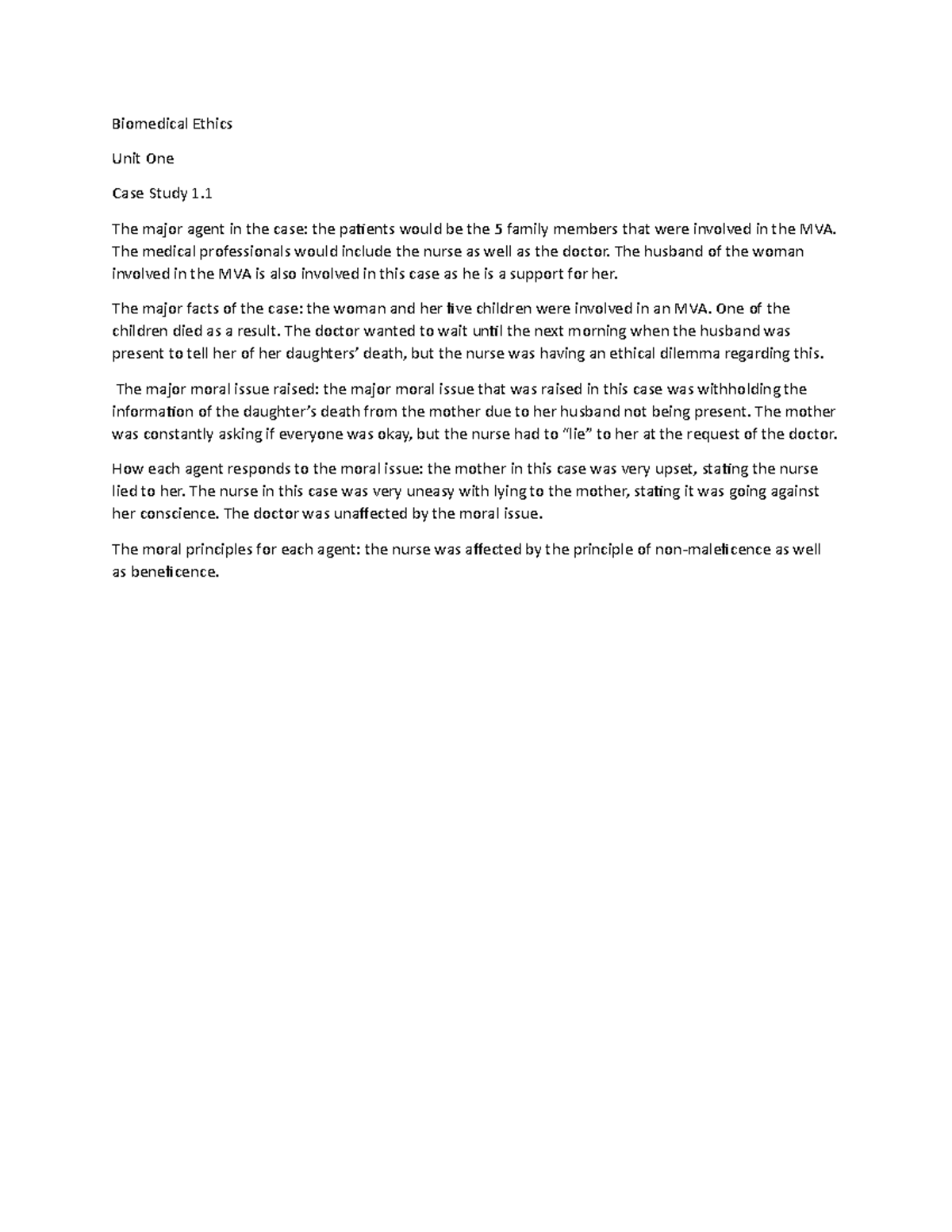 Biomedical Ethics Unit 1 Case Study 1 Biomedical Ethics Unit One Case