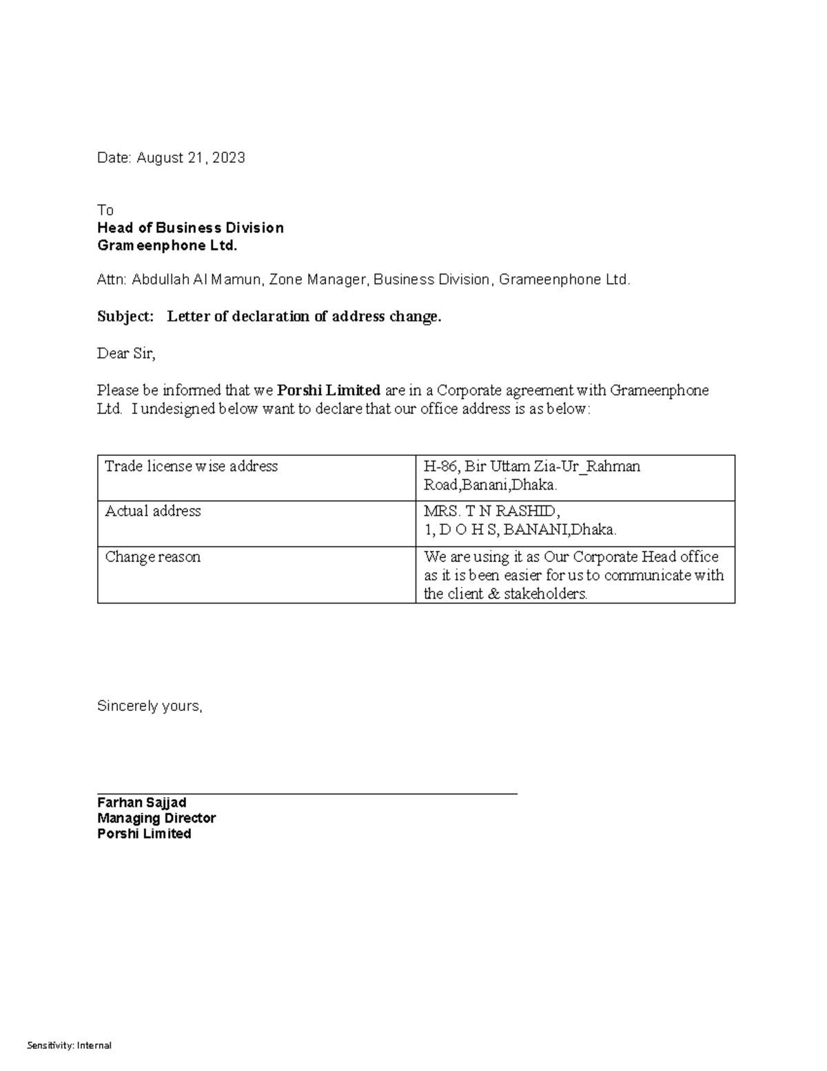 Letter of declaration of address change - Sensitivity: Internal Date ...