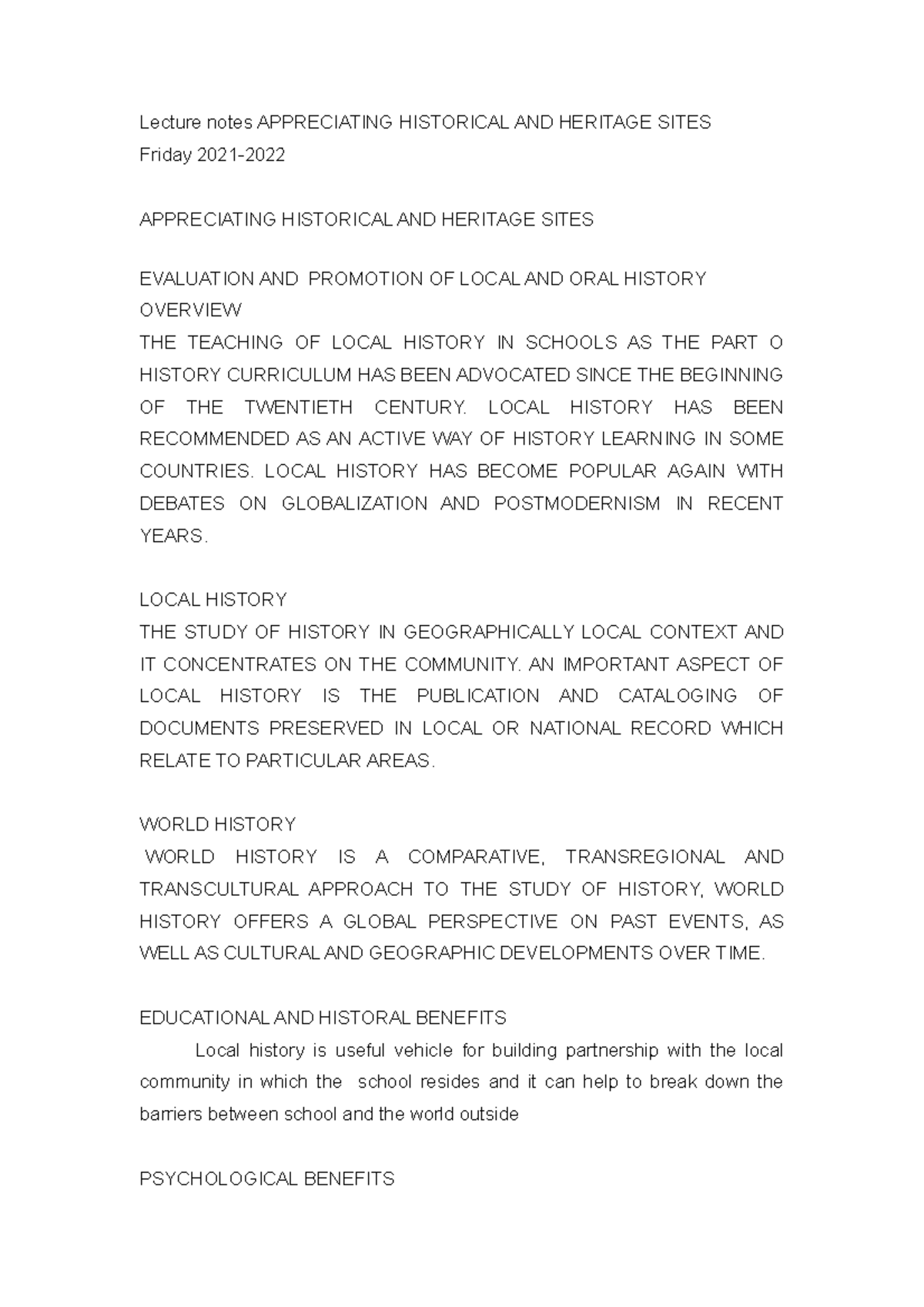 Lecture notes Appreciating Historical AND Heritage - Lecture notes ...