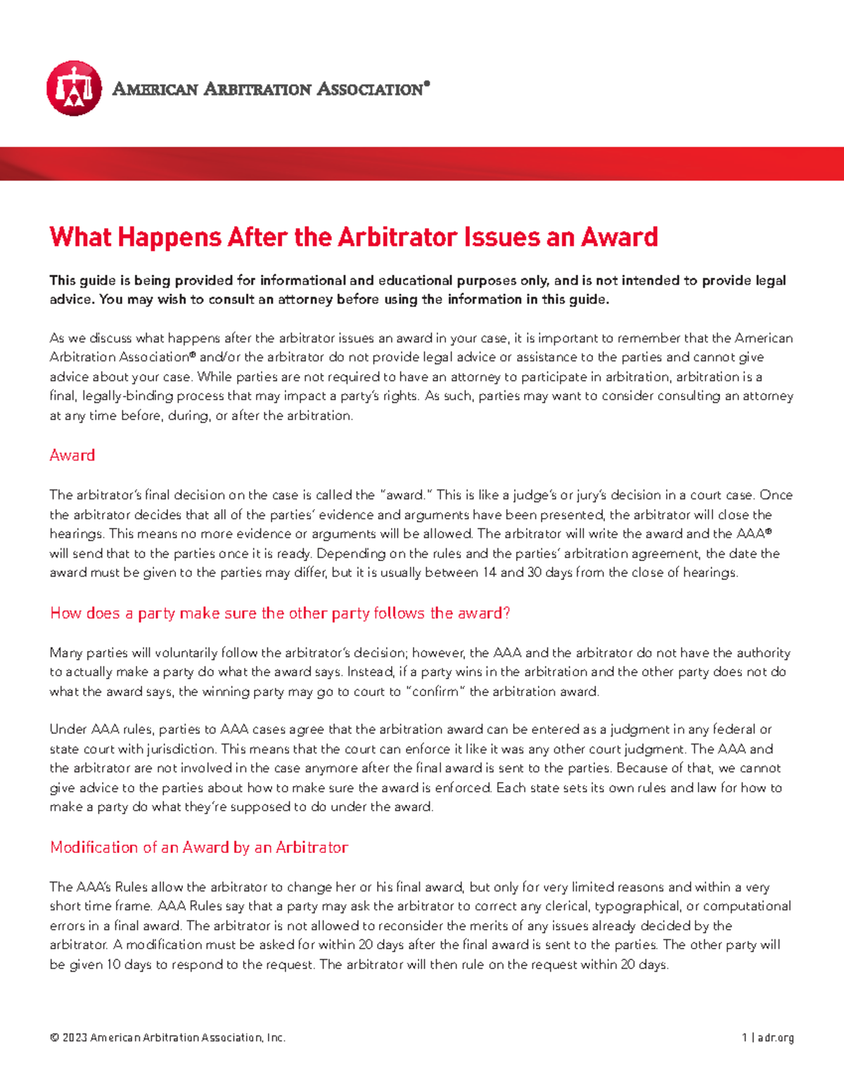 AAA229-After Award Issued - © 2023 American Arbitration Association ...