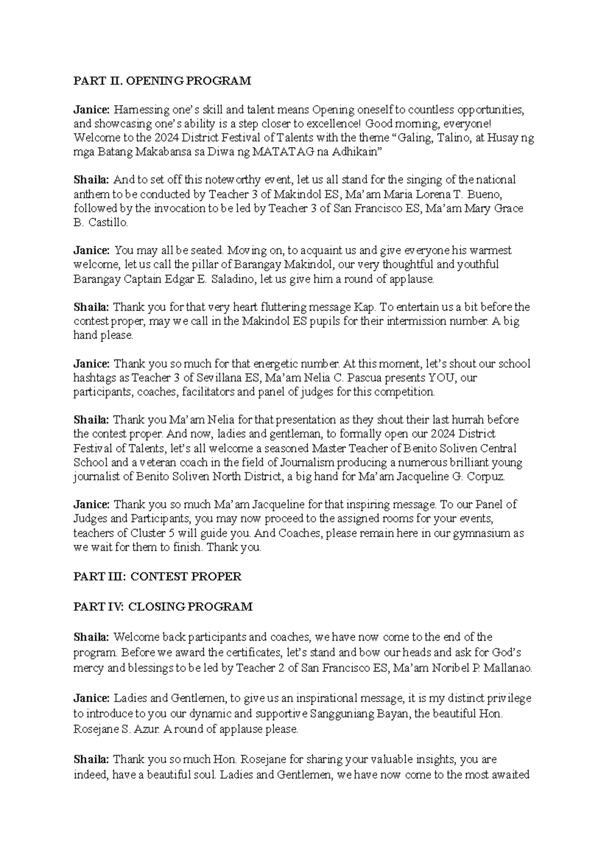 Script for DFOT 2024 - PART II. OPENING PROGRAM Janice: Harnessing one’s skill and talent means ...