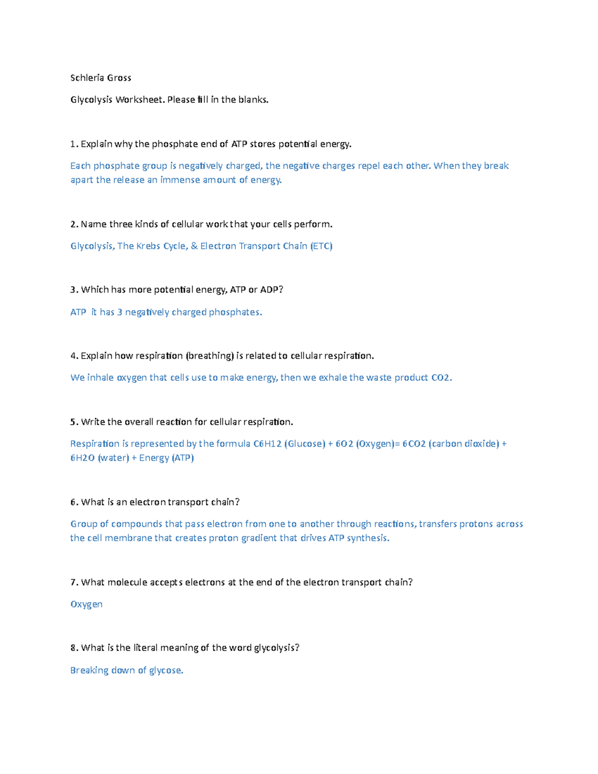 Glycolysis Worksheet - ATP, cellular respirations, ADP - Schleria Gross ...