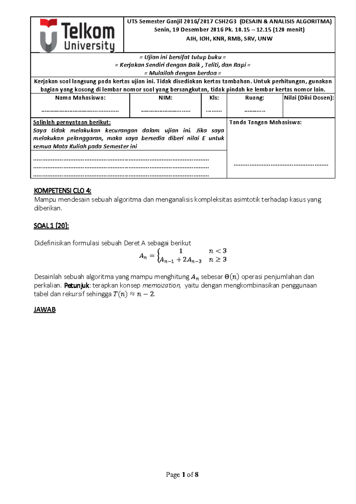 2016-2017 DAA UAS Soal - UTS Semester Ganjil 2016 /20 17 CSH2G3 (DESAIN ...