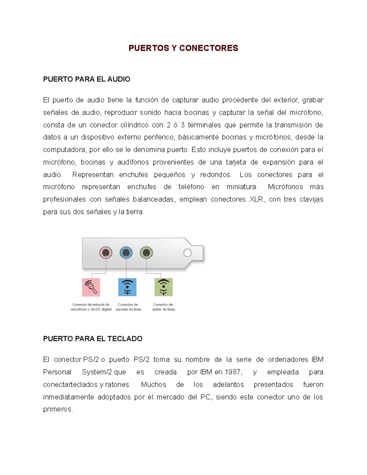 Puertos Y Conectores - Definiciones - PUERTOS Y CONECTORES PUERTO PARA EL AUDIO El puerto de ...