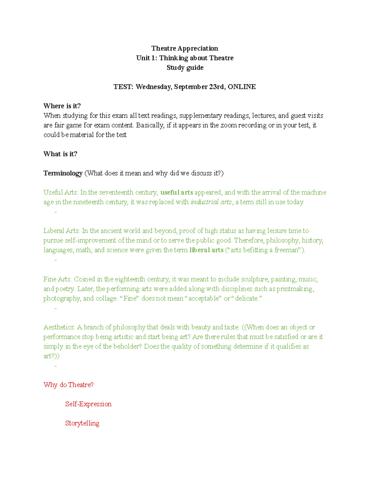 Theatre Appreciation Study Guide Unit 1 - Theatre Appreciation Unit 1 ...