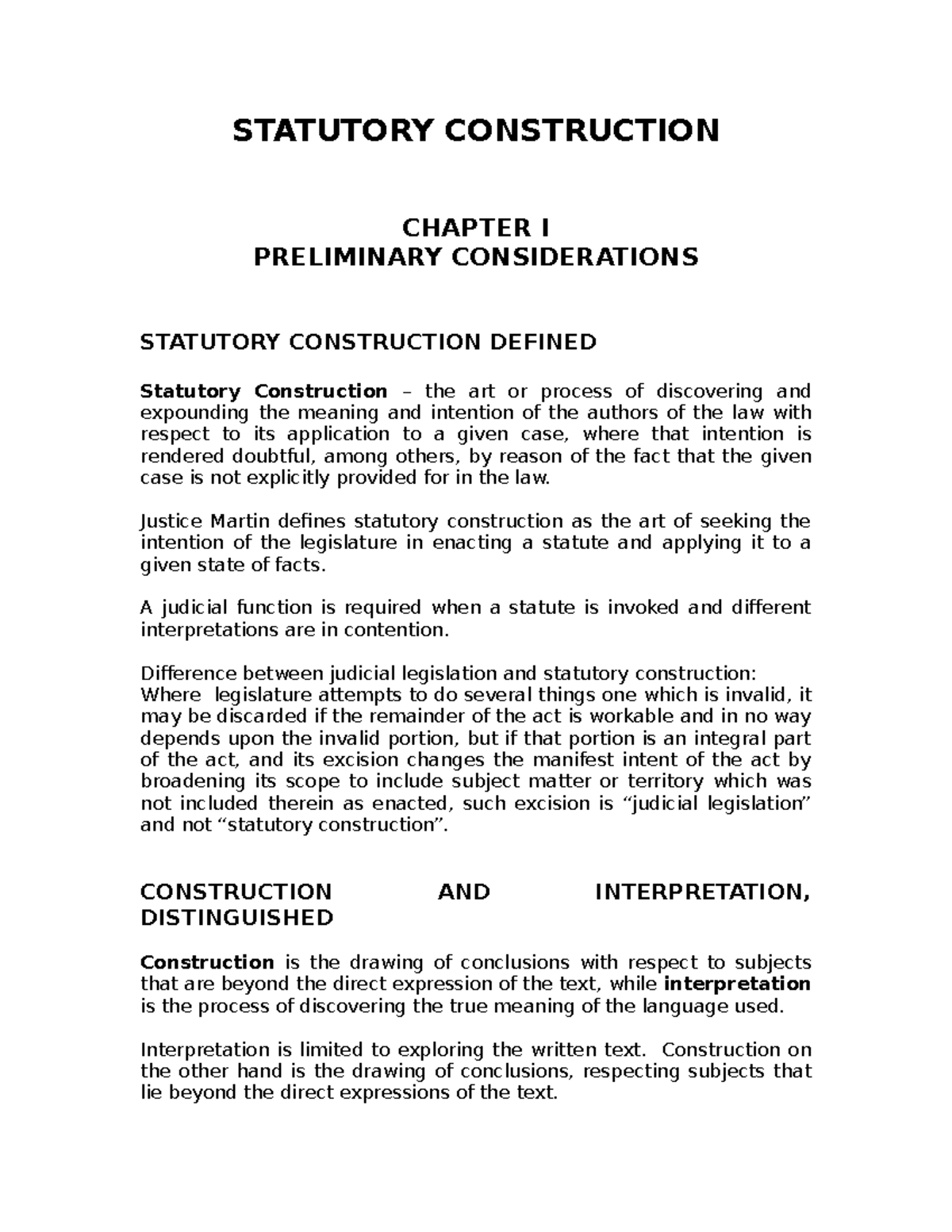 Statutory Constructions Notes - STATUTORY CONSTRUCTION CHAPTER I ...
