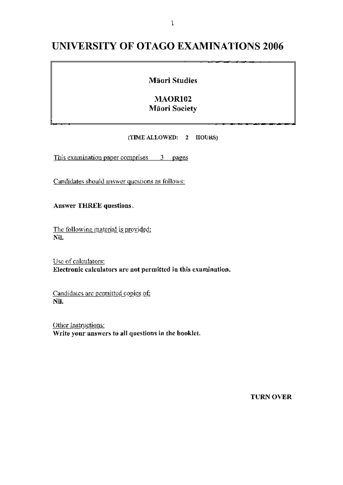 Maor102 2006 s1 - Past paper examples - Māori Society - University of ...