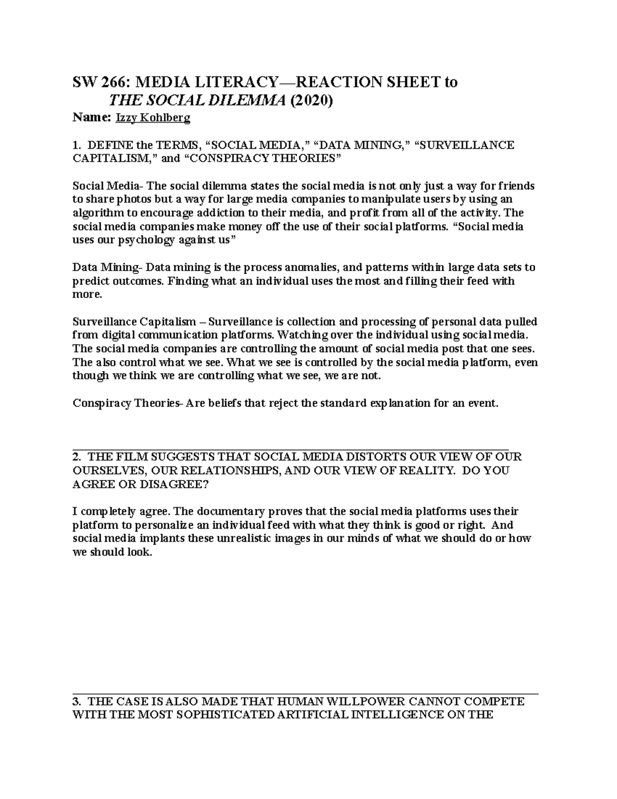 The Social Dilemma Reaction Sheet - SW 266: MEDIA LITERACY—REACTION ...