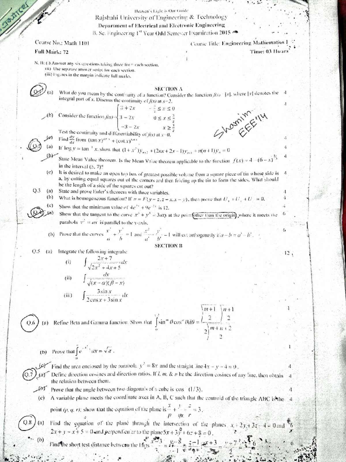 MATH question semester-1 - Engg. Mathematics II - Studocu