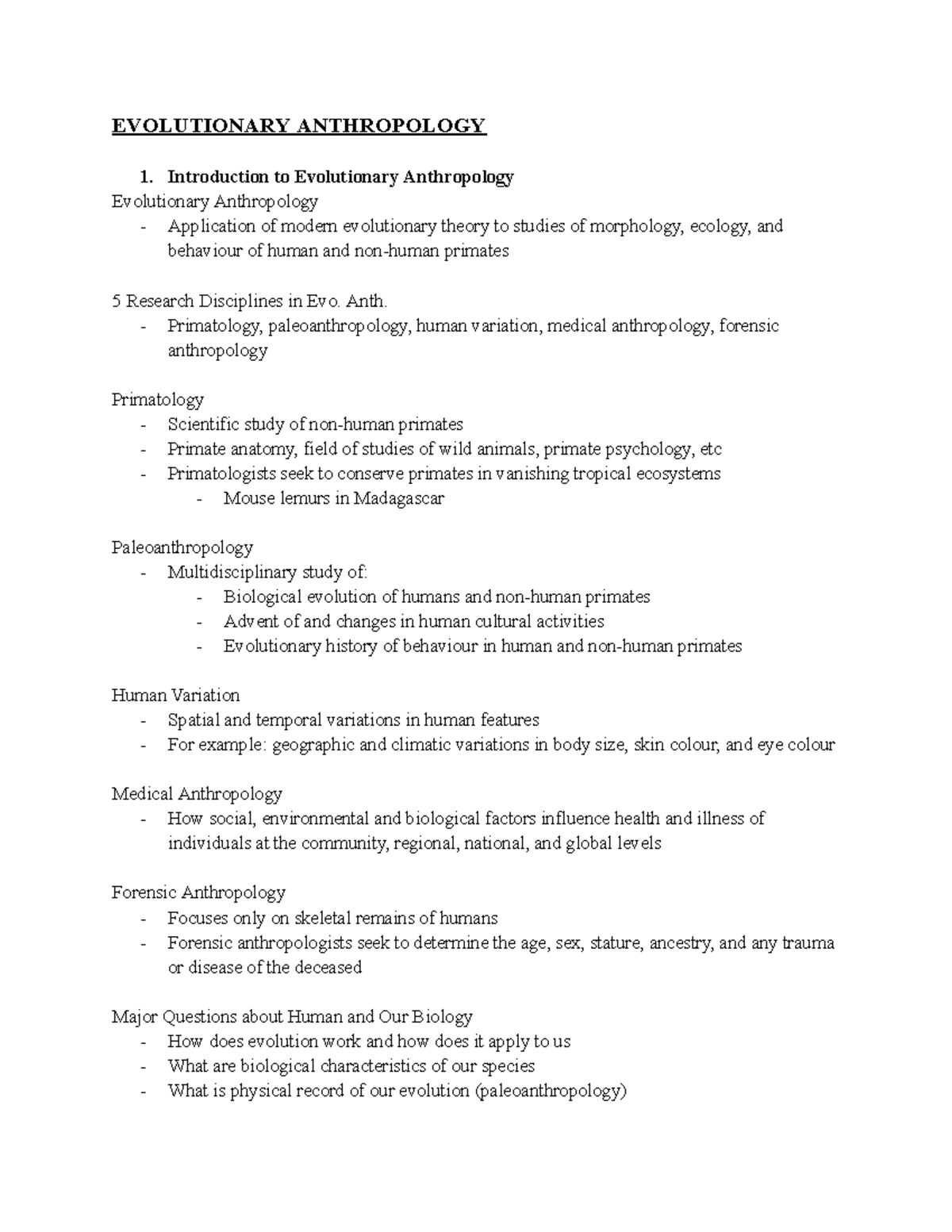 ANT100 Notes - EVOLUTIONARY ANTHROPOLOGY Introduction to Evolutionary ...