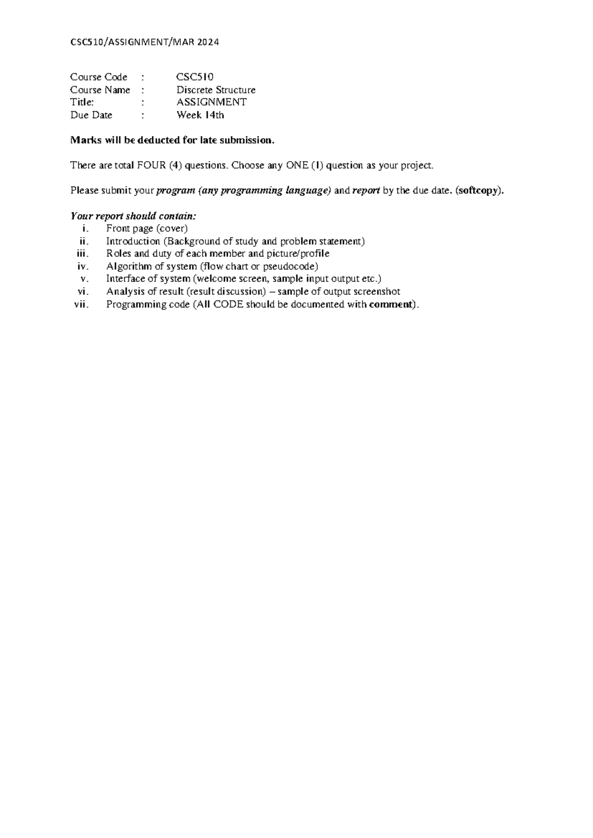 Assignment - Group project for 4 students - Course Code : CSC Course ...