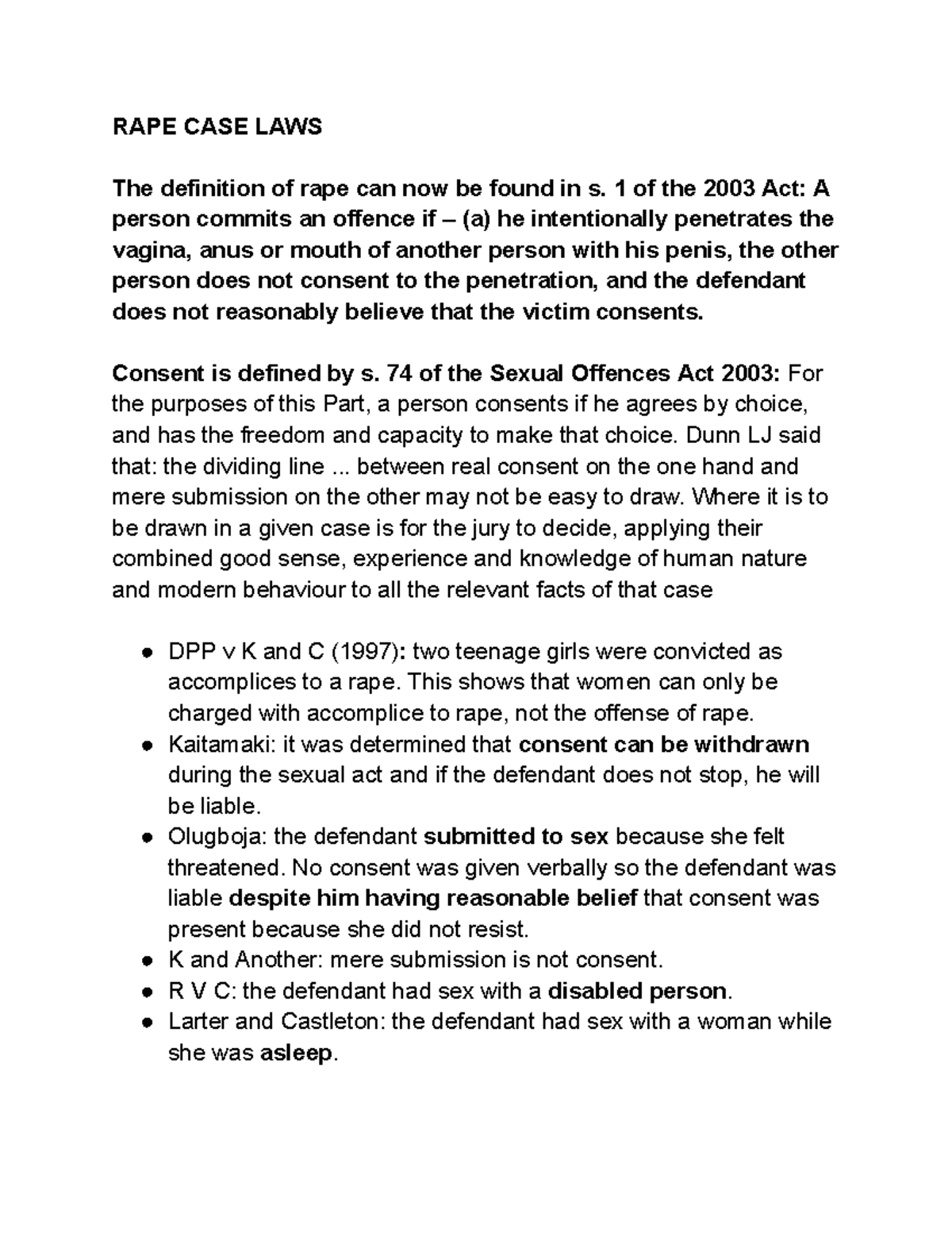 Rape Case Laws. - RAPE CASE LAWS The definition of rape can now be ...