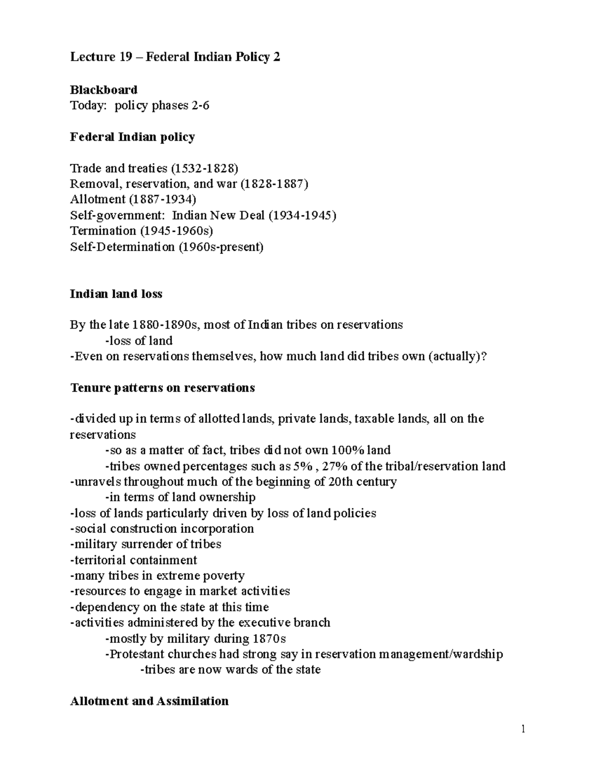 FL'16-19 - Indian policy 2 - outline - Lecture 19 – Federal Indian ...