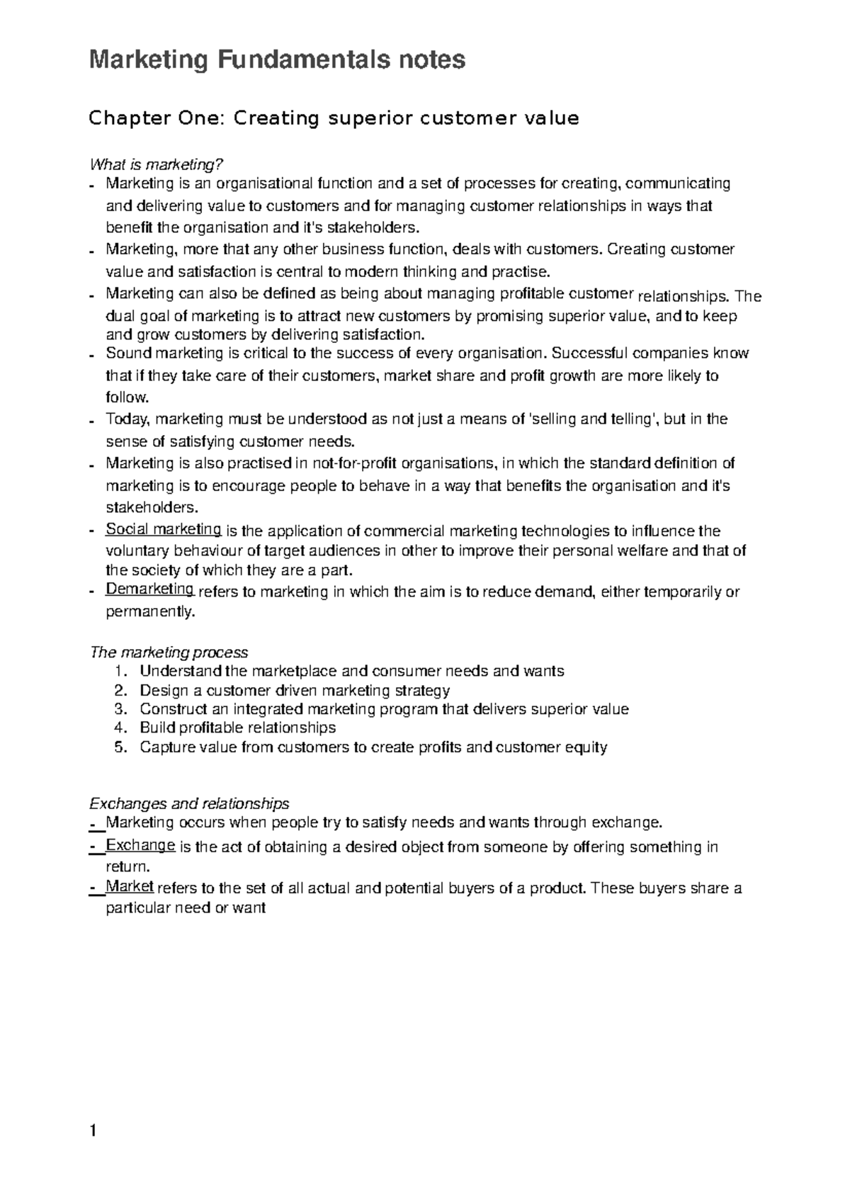 Summary - chapter one: creating superior customer value - Marketing ...