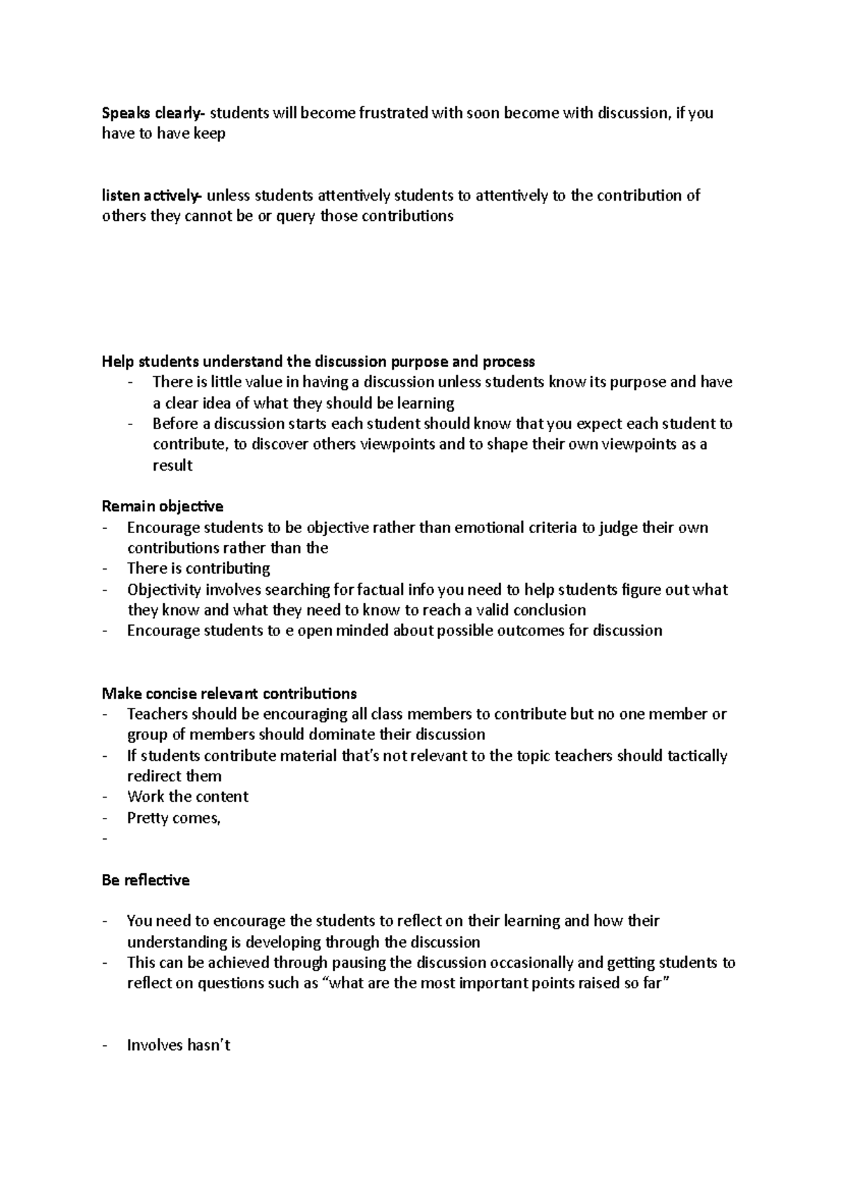 Class discussion notes - Speaks clearly- students will become ...