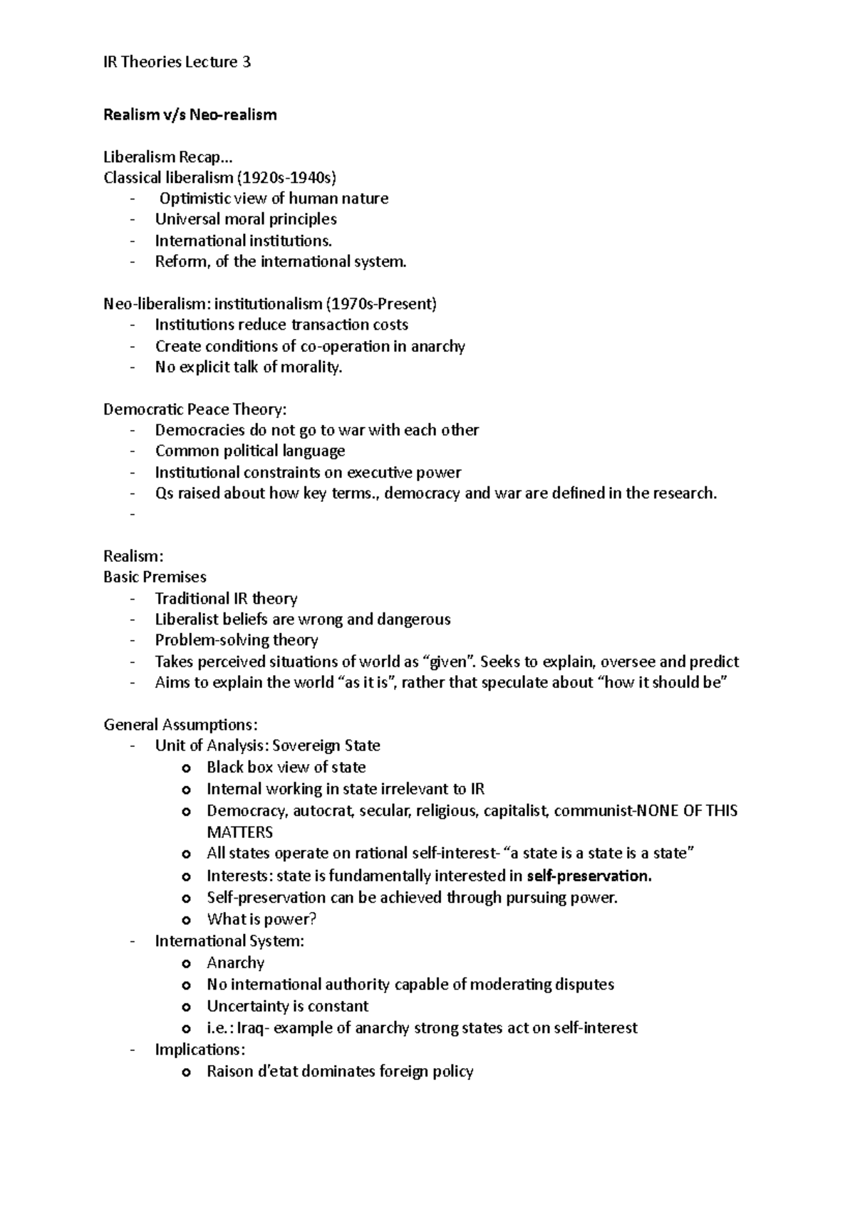 Realism:Neo Lecture 3 - David Blunt - IR Theories Lecture 3 Realism v/s ...