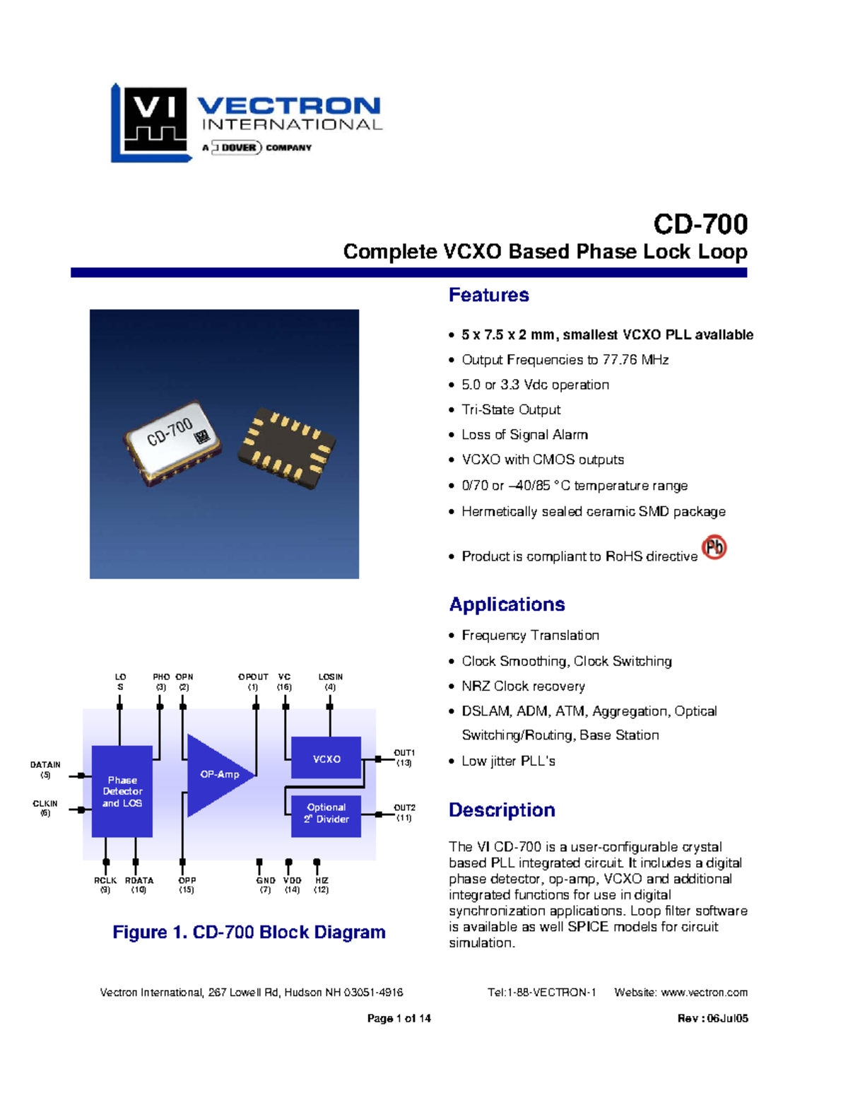 CD-700 datasheet - N/A - Vectron International, 267 Lowell Rd, Hudson ...