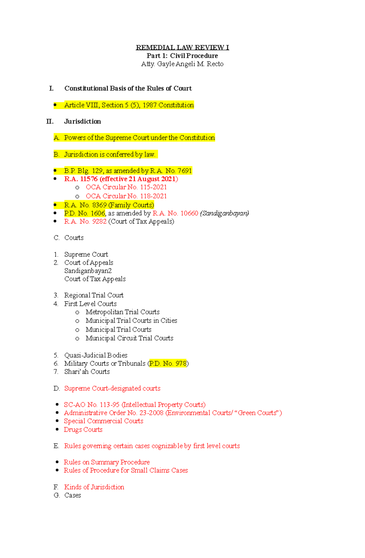 Syllabus (Part I) - Civil Procedure - REMEDIAL LAW REVIEW I Part 1 ...