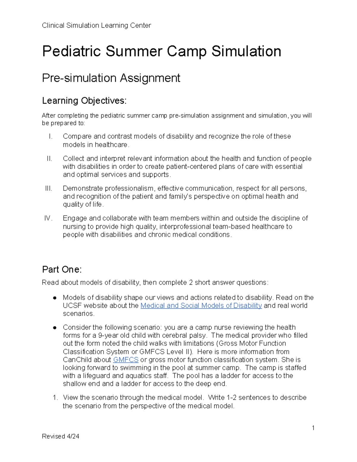 Pre-simulation assignment summer camp simulation - Clinical Simulation Learning Center Pediatric ...