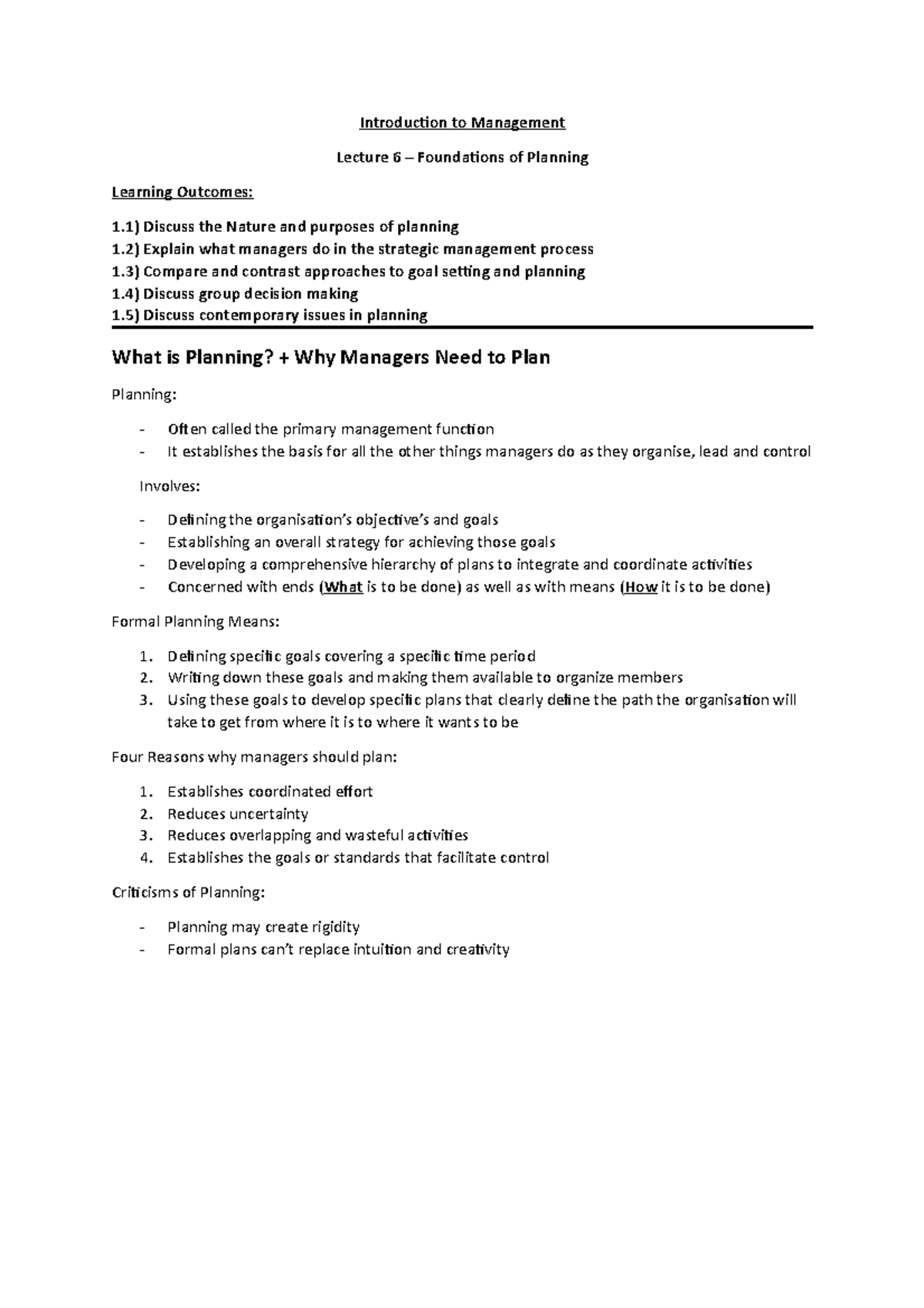 Introduction to Management - LEC 6 (Foundations of Planning ...