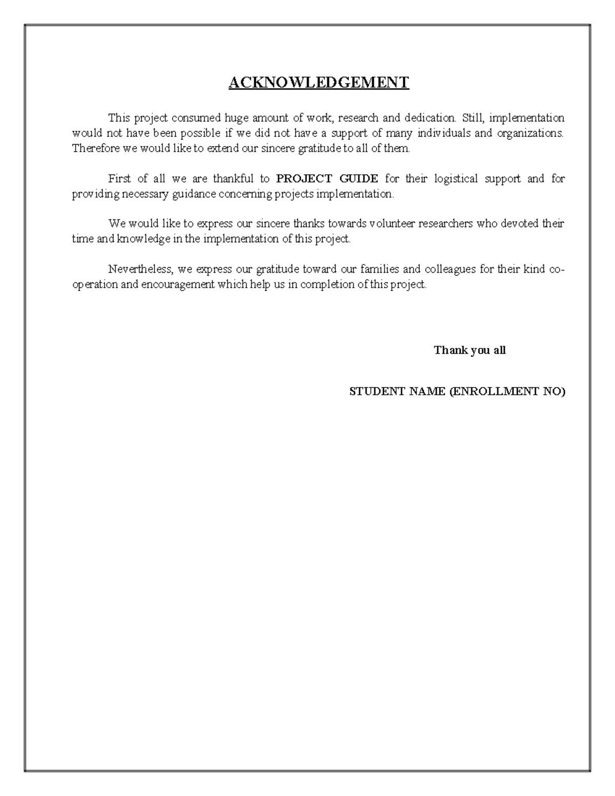 3. Acknowledgement - ack - ACKNOWLEDGEMENT This project consumed huge ...