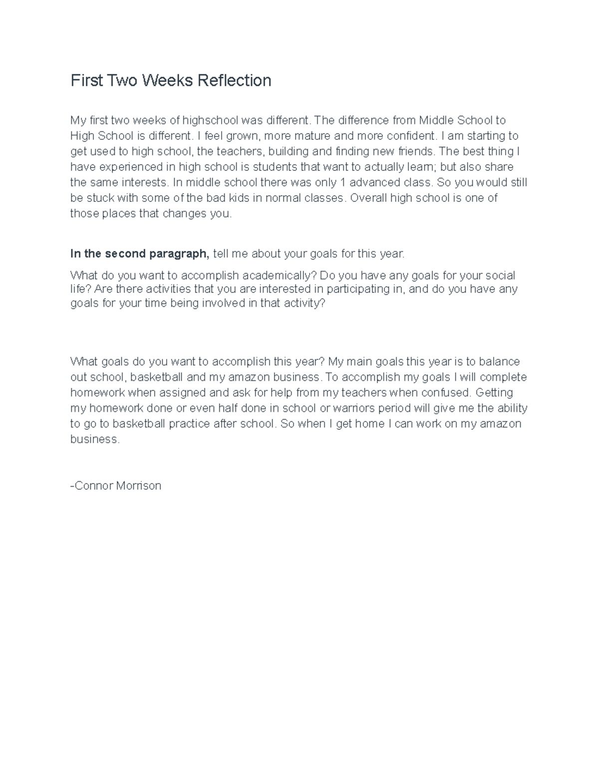 First Two Weeks Reflection - The difference from Middle School to High ...
