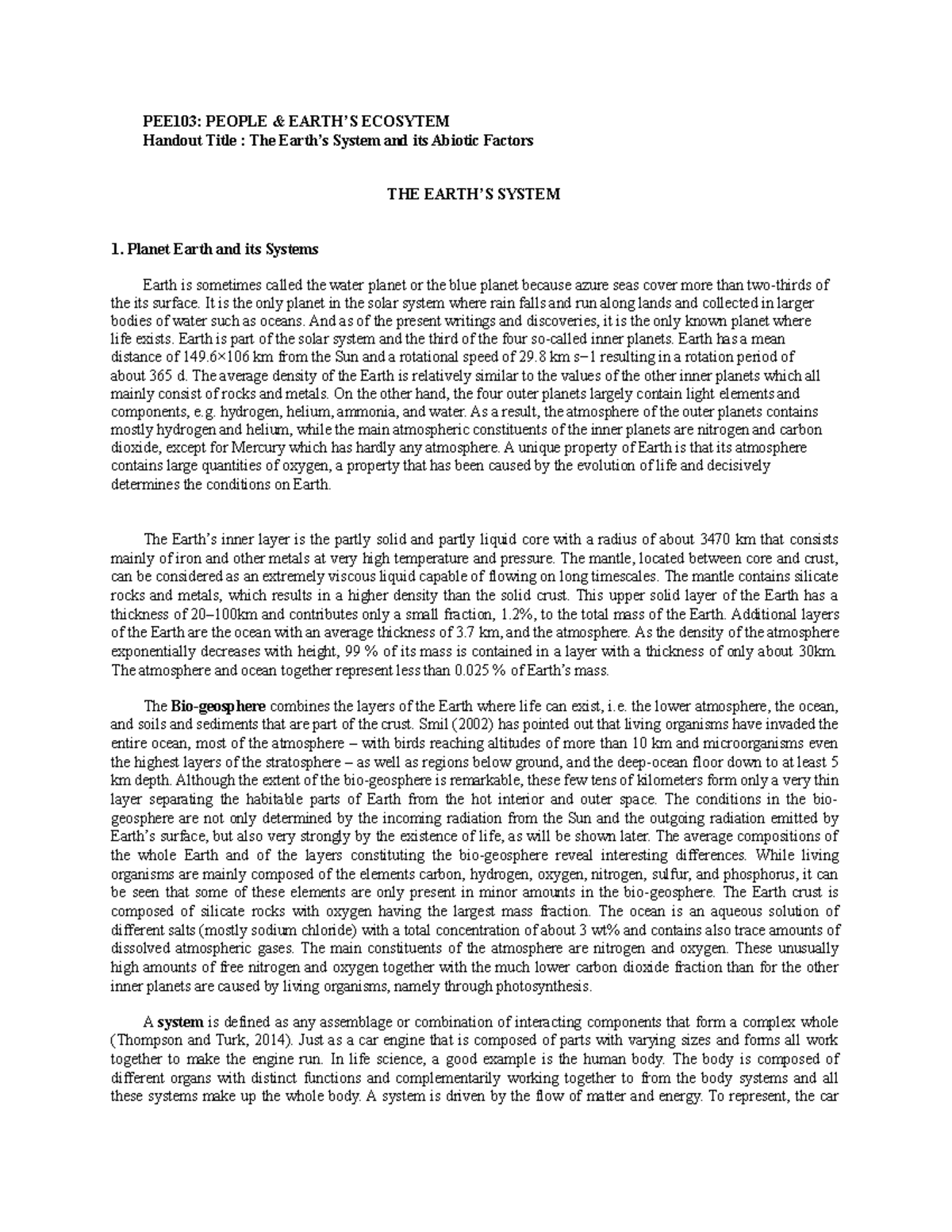 Planet Earth and its Systems - PEE103: PEOPLE & EARTH’S ECOSYTEM ...