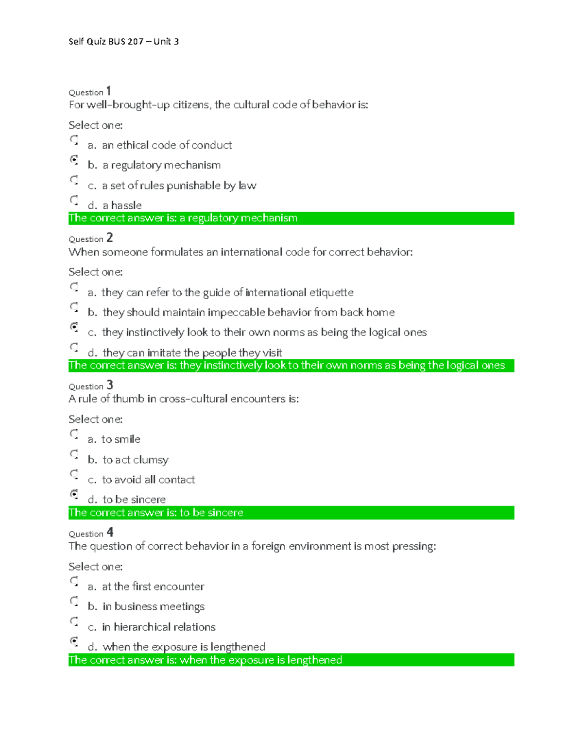 Self-Quiz BUS 2207 - Unit 3 - Self Quiz BUS 207 – Unit 3 Question 1 For ...
