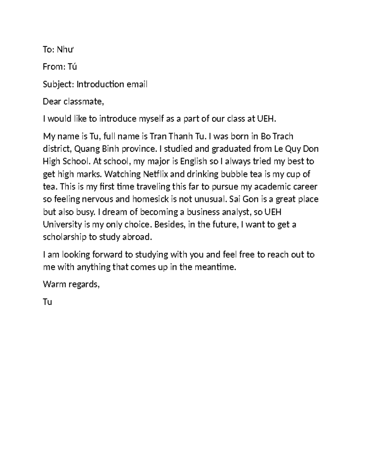 Intro email - To: Như From: Tú Subject: Introduction email Dear ...