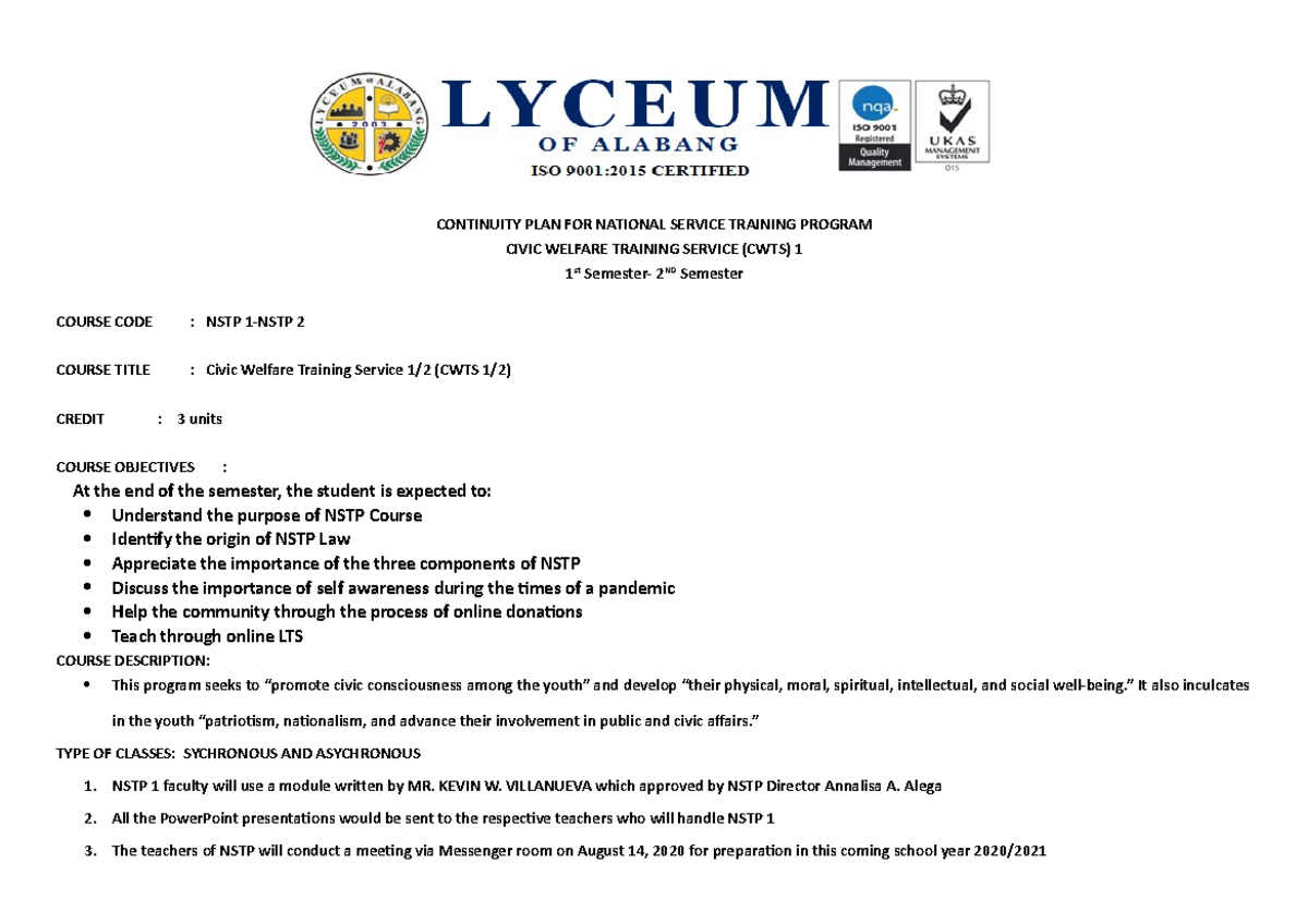 NSTP-1-AND-2- Department- Continuity-PLAN-2021-2022 - CONTINUITY PLAN ...