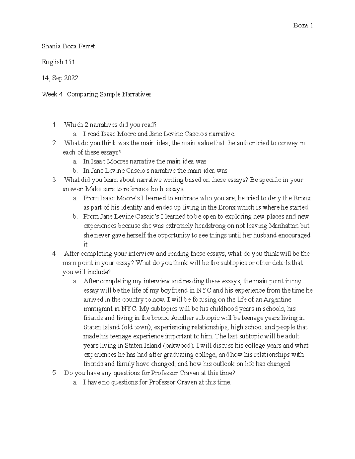 Week 4- Narrative comparison and Reflection - Boza 1 Shania Boza Ferret ...