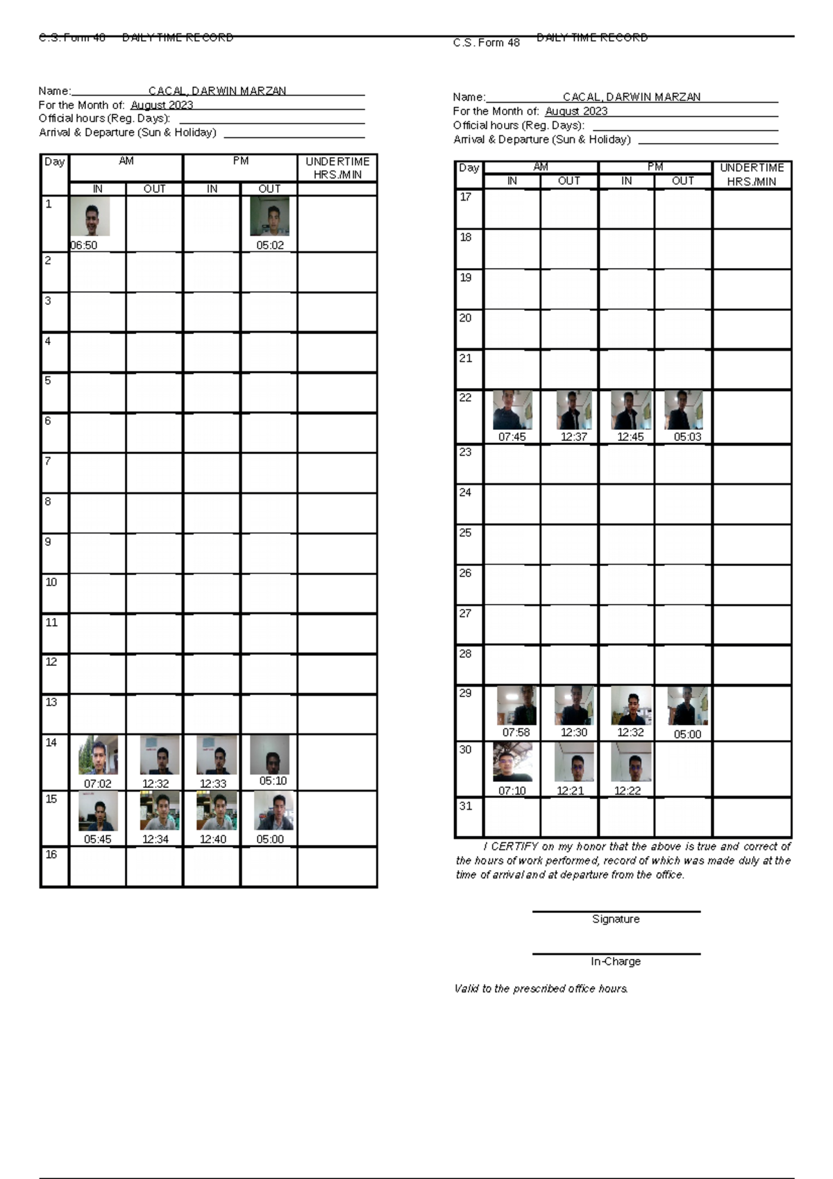 August pic - 123 - C. Form 48 DAILY TIME RECORD C. Form 48 DAILY TIME ...