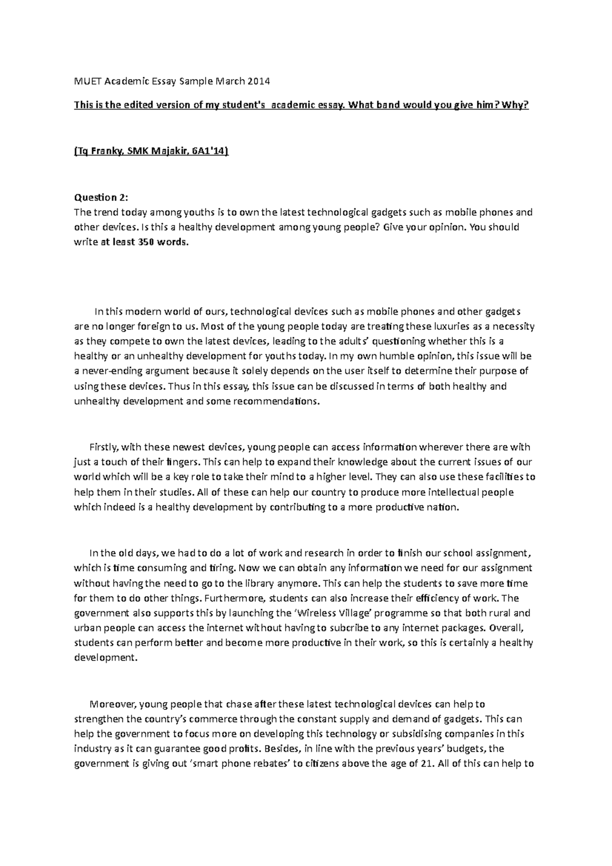 MUET Academic Essay Sample March 2014 - What band would you give him ...