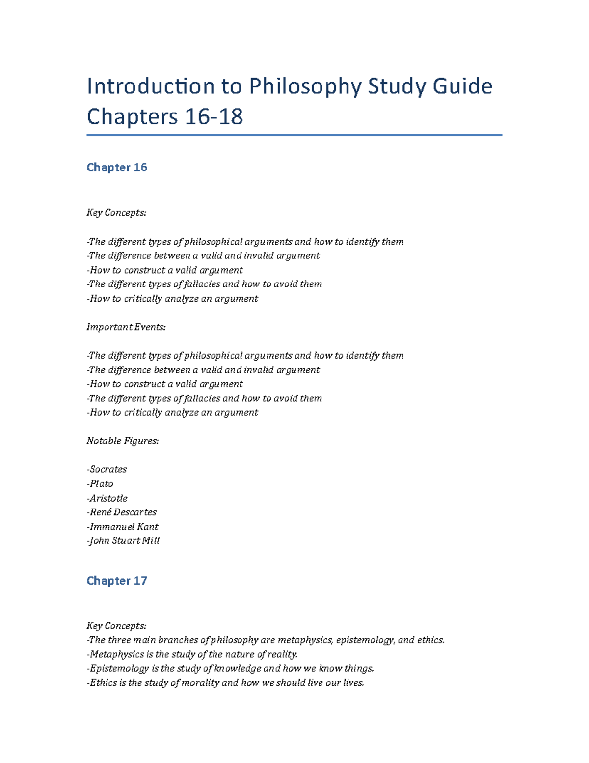 Introduction to Philosophy Study Guide Chapters 16-18 - Introduction to ...