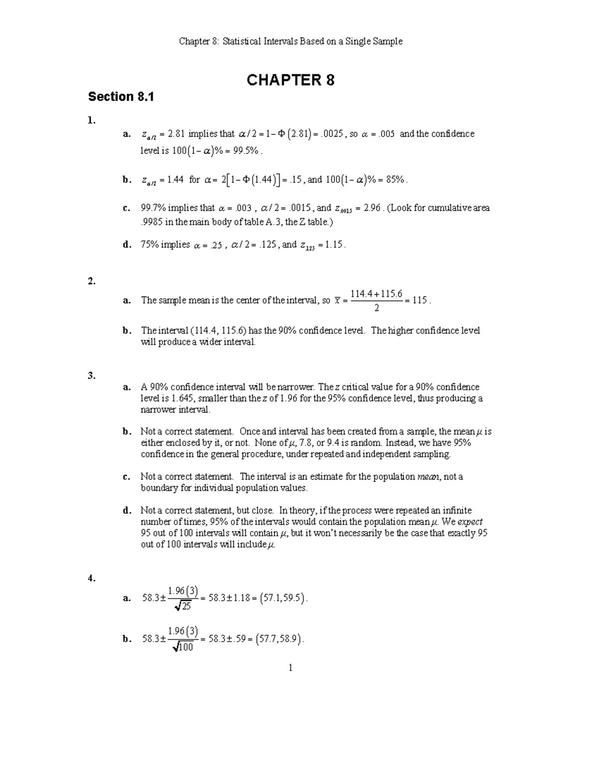 Chapter 8 Modern Mathematical Statistics With Applications 1 Chapter 8 Section 8 1 A Z α
