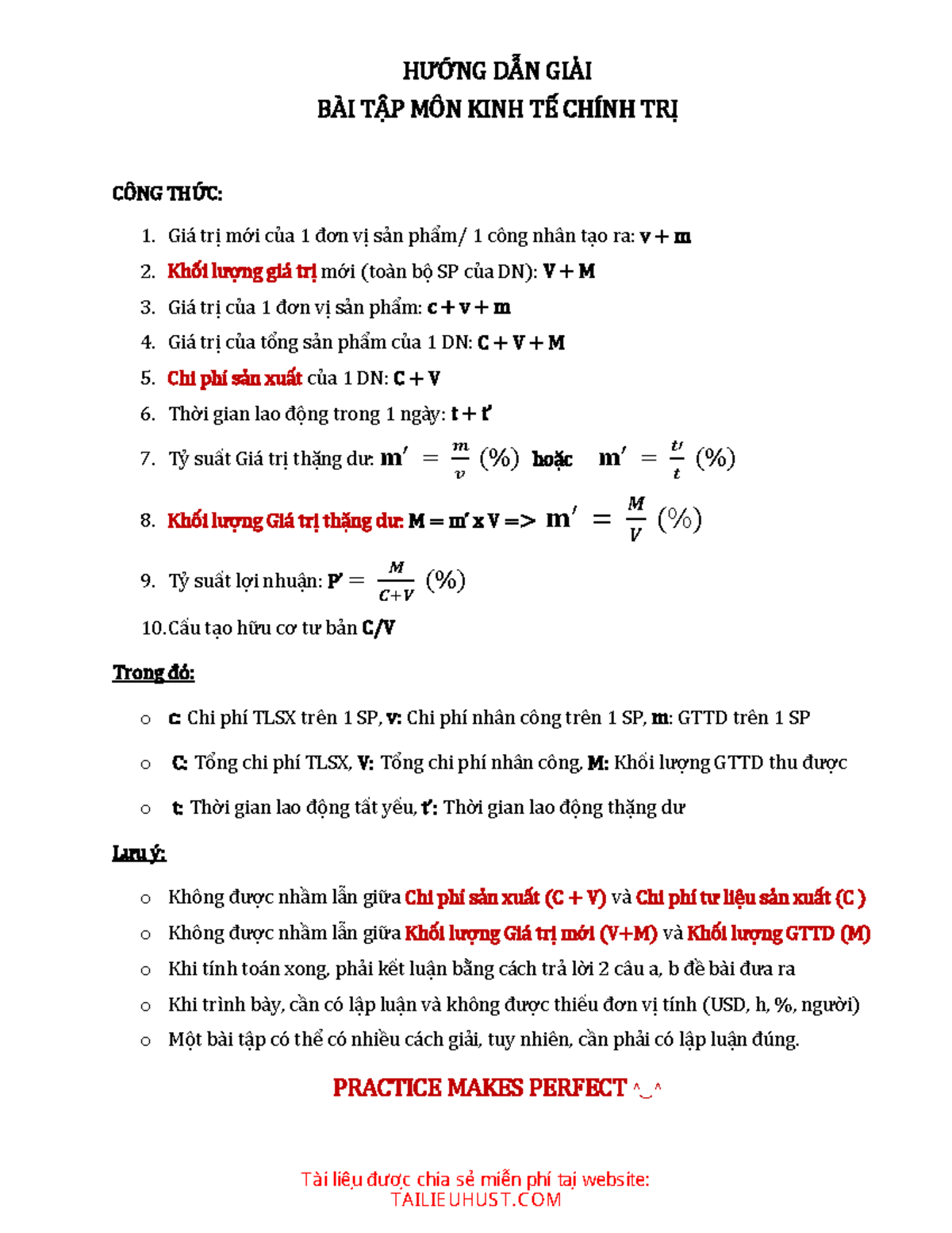 CT và Hướng dẫn KTCT - HƯỚNG DẪN GIẢI BÀI TẬP MÔN KINH TẾ CHÍNH TRỊ CÔNG THỨC: Giá trị mới của 1 ...