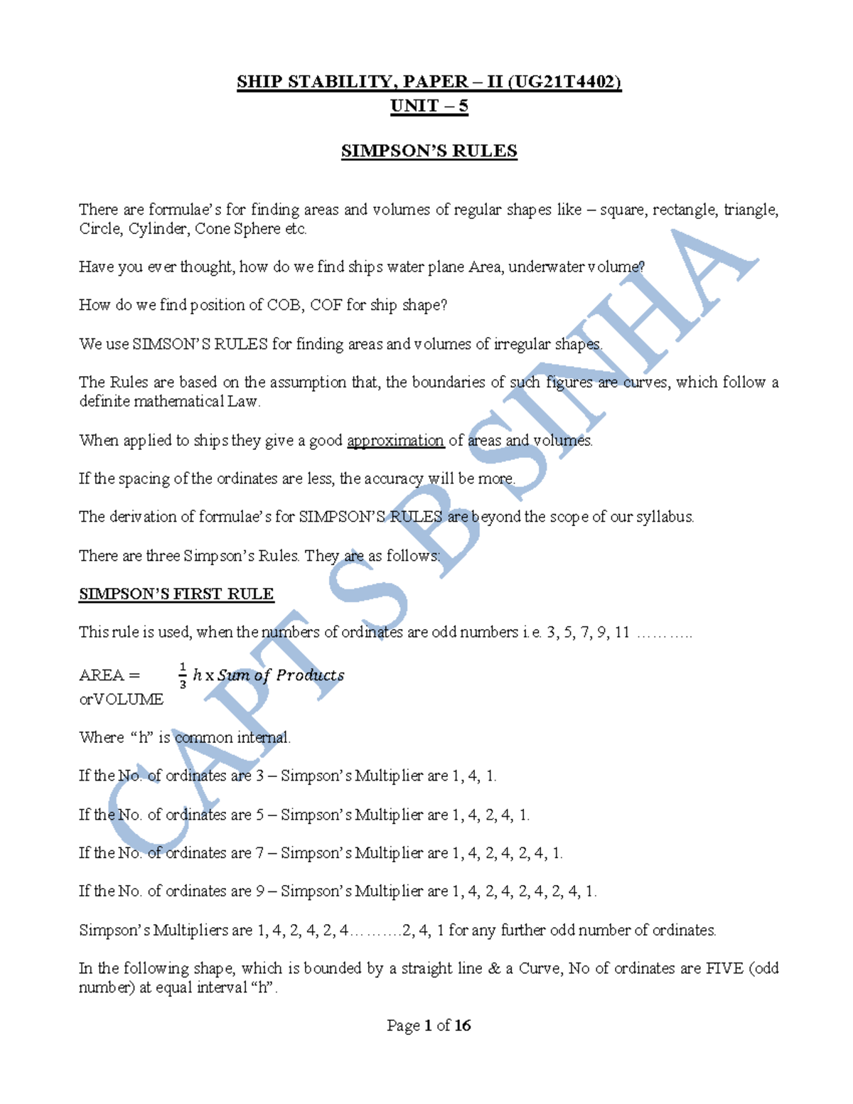 UNIT 5 Simpsons Rules - practice - SHIP STABILITY, PAPER – II ...