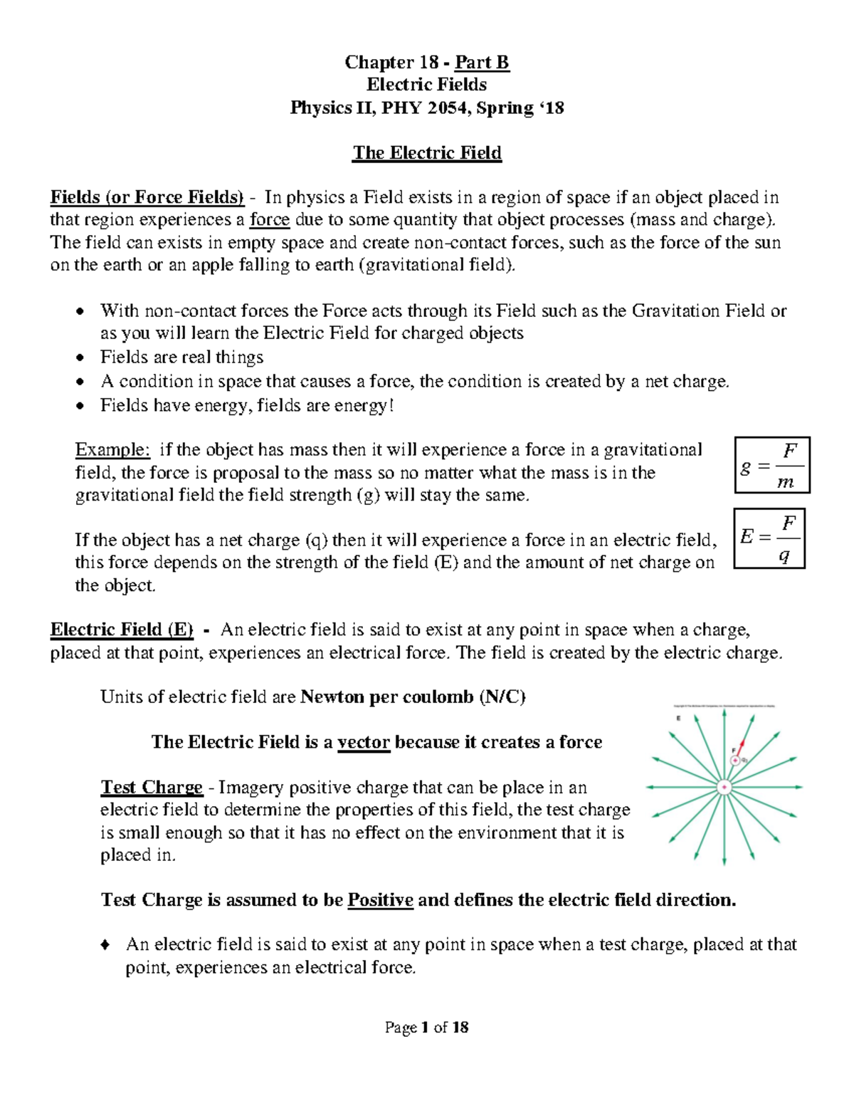 Physics II Ch 18 Part B Electric Fields Spring 18 - Chapter 18 Part B ...