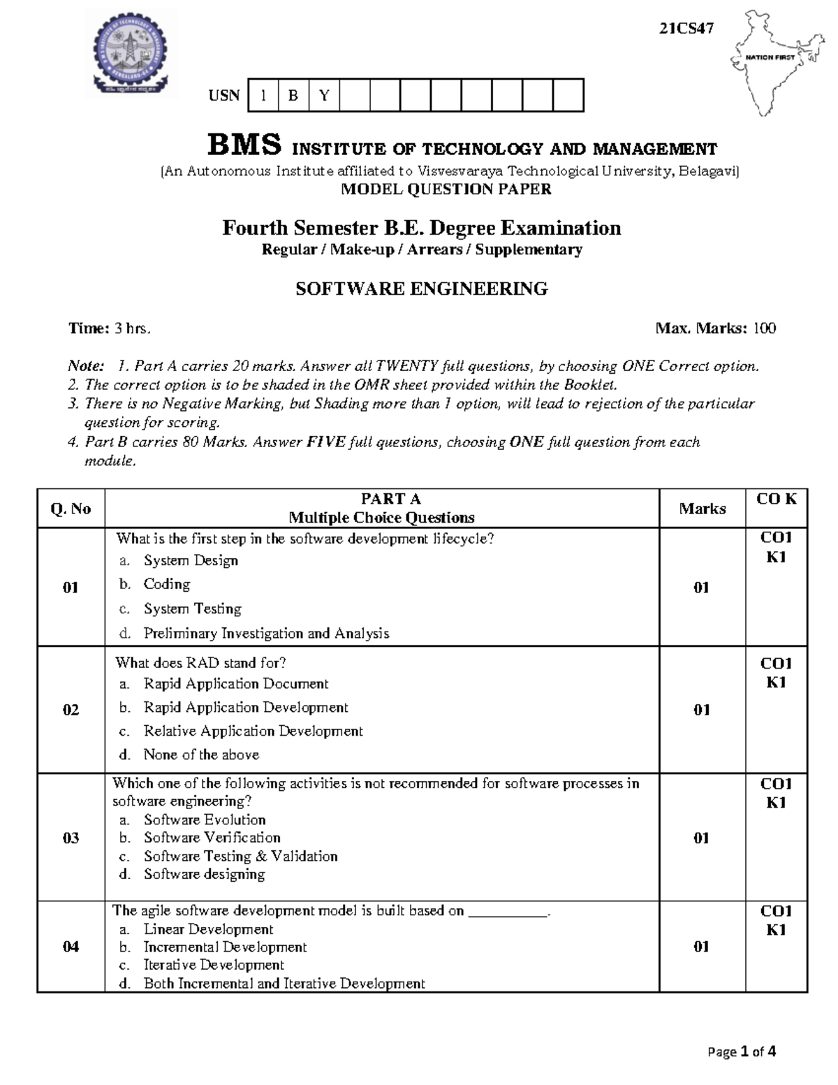 21CS47 Model Question Paper - USN 1 B Y BMS INSTITUTE OF TECHNOLOGY AND ...