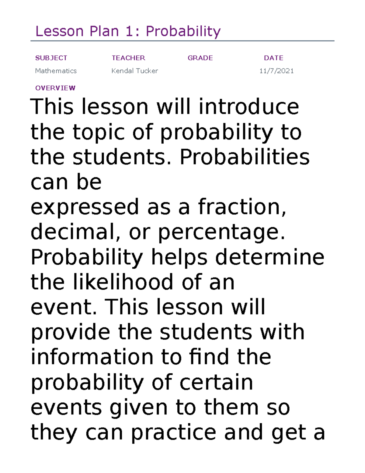 Lesson Plan 1 MAT151 - assignment - Lesson Plan 1: Probability SUBJECT ...