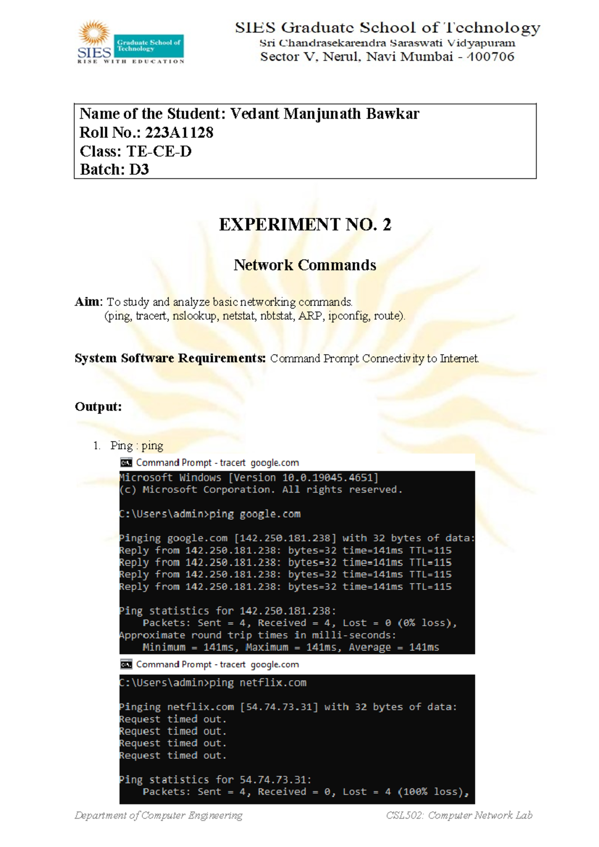 Expt 2 S - ffjff - Computer Science SL - Name of the Student: Vedant Manjunath Bawkar Roll No ...