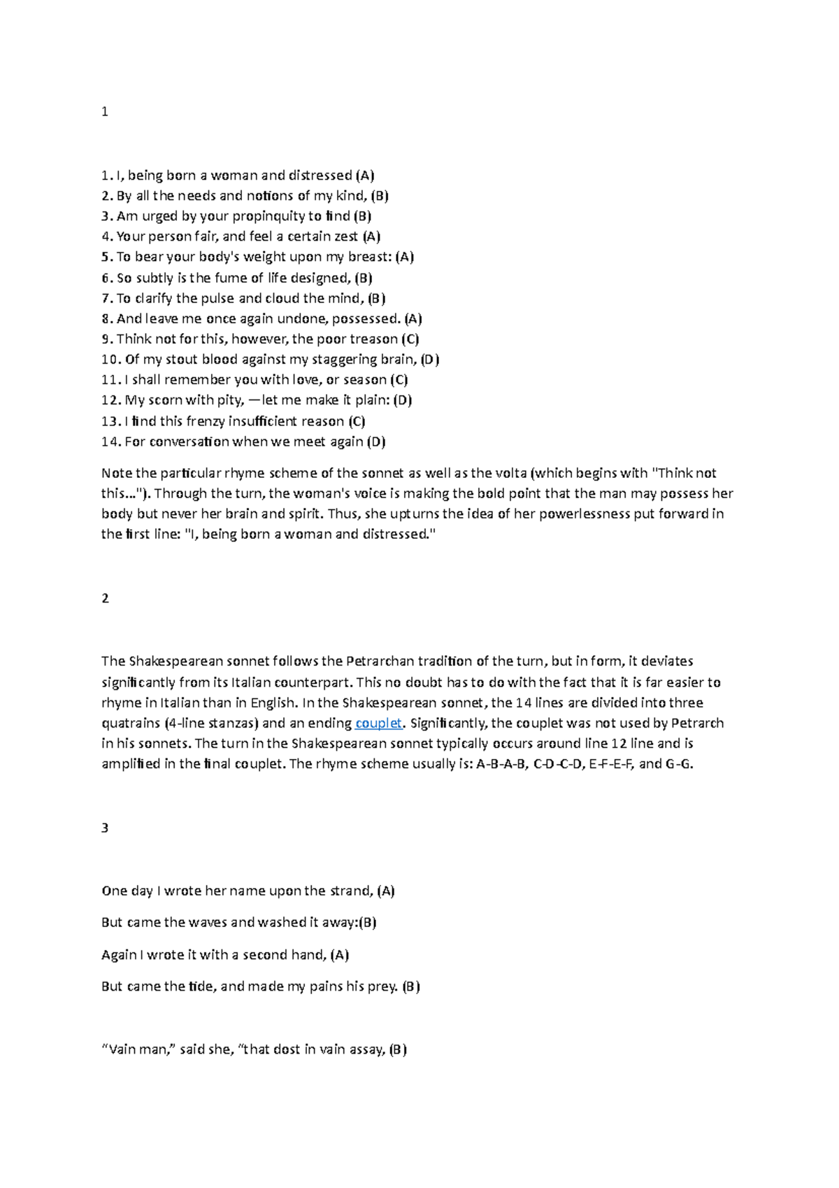 English Sonnet Vs. Petrarchan Sonnet - 1 I, being born a woman and ...